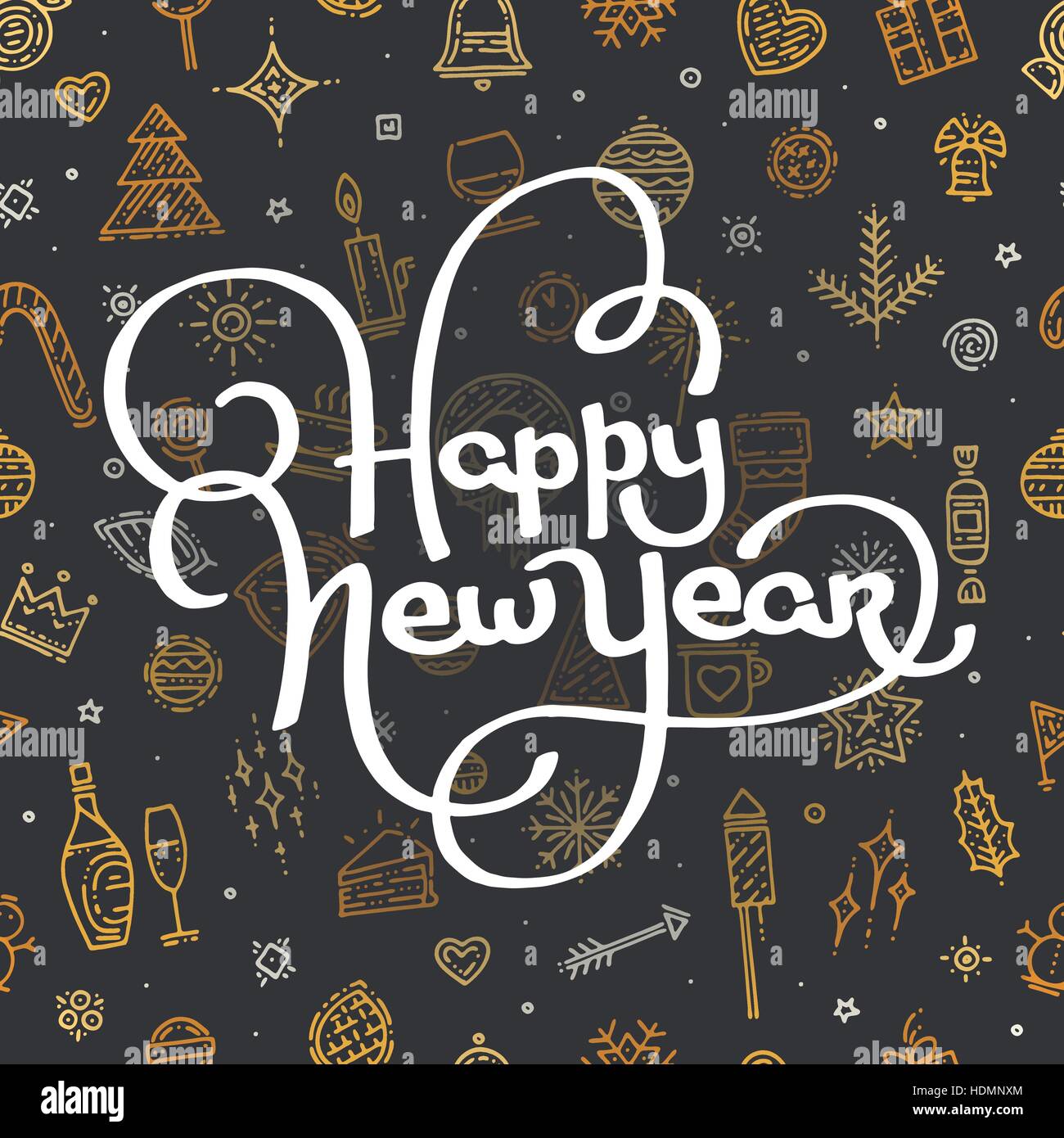 Silver gold lettering on black background with different icons. Happy ...