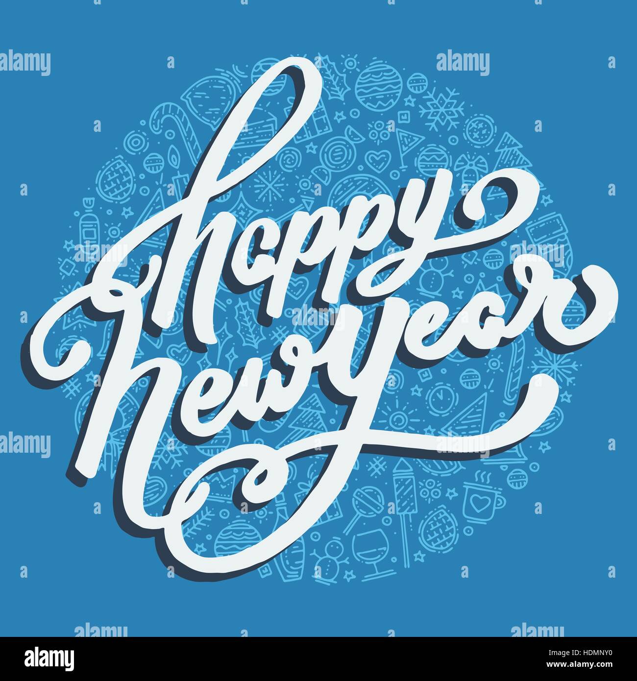 Colorful lettering on blue background with icons. Happy New Year ...
