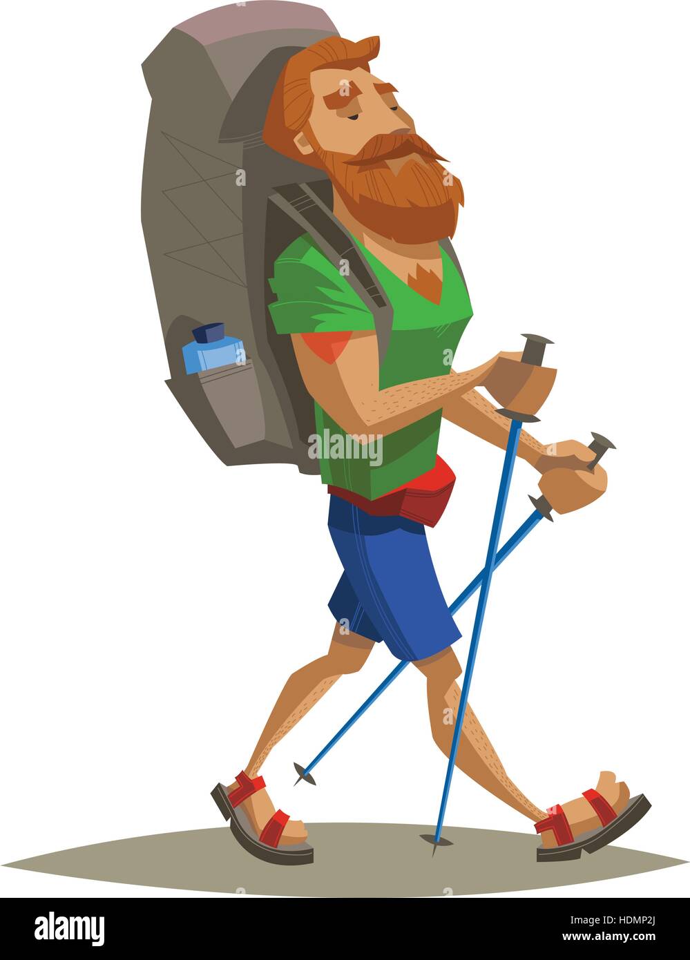 Hiker walking with backpack. Backpacker with read beard and tattoo ...