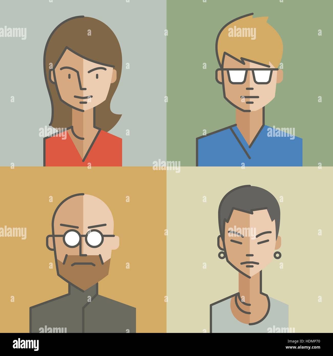 Male and female character faces avatars. Flat style with thin line ...