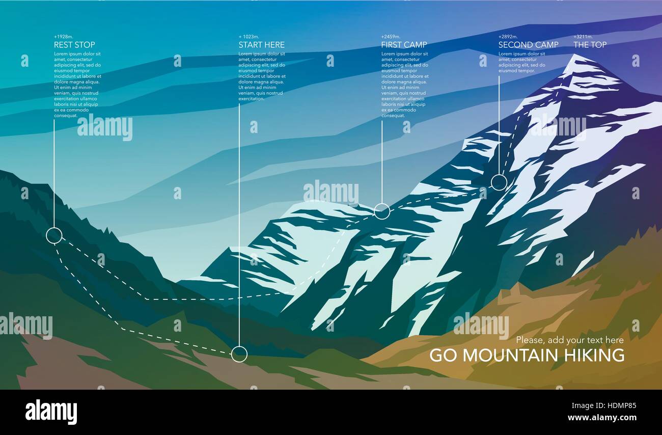 High mountain landscape infographic. Hiking trail in national park ...