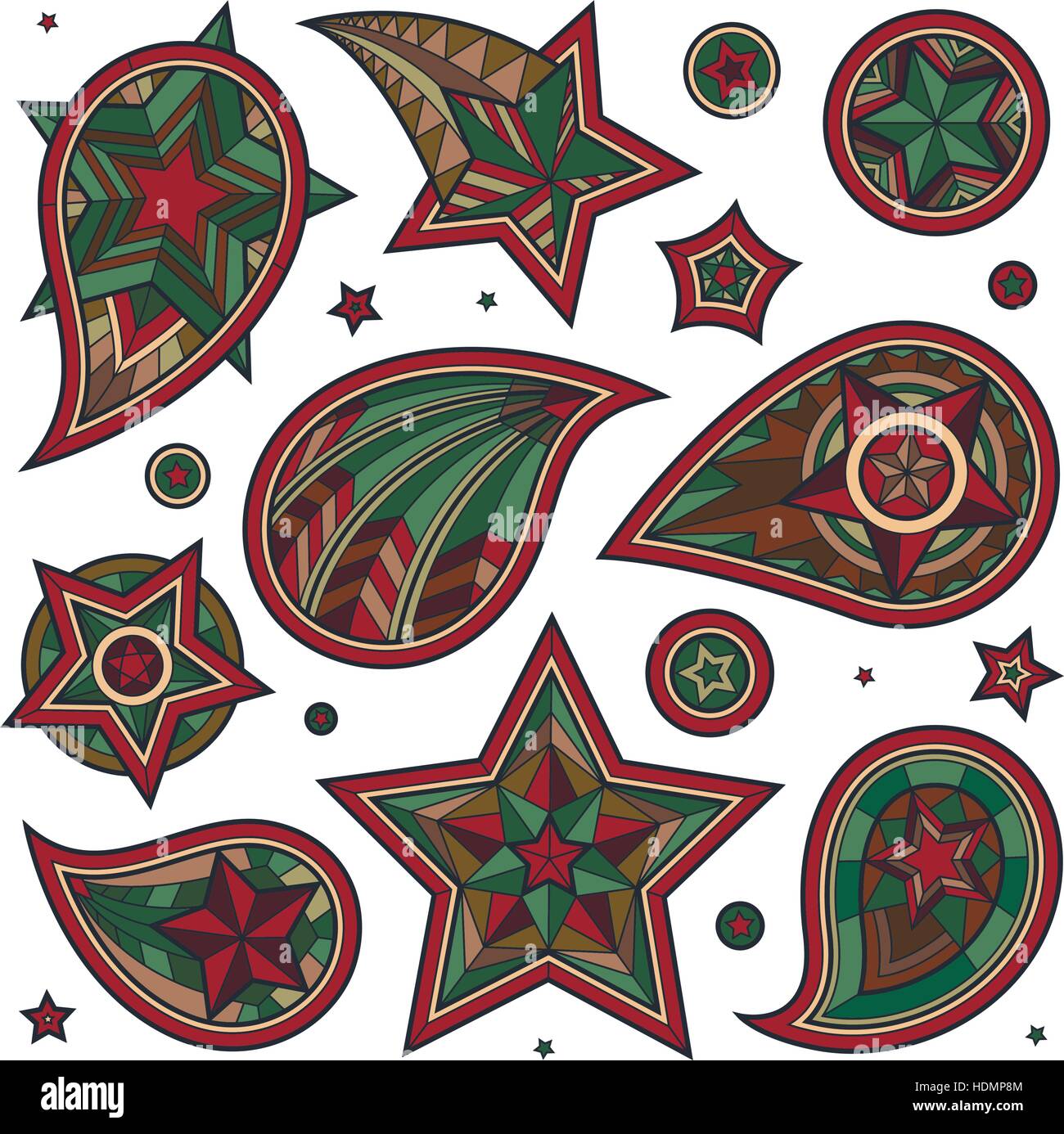 Hand drawn military colored star paisley swirls and decorative elements ...