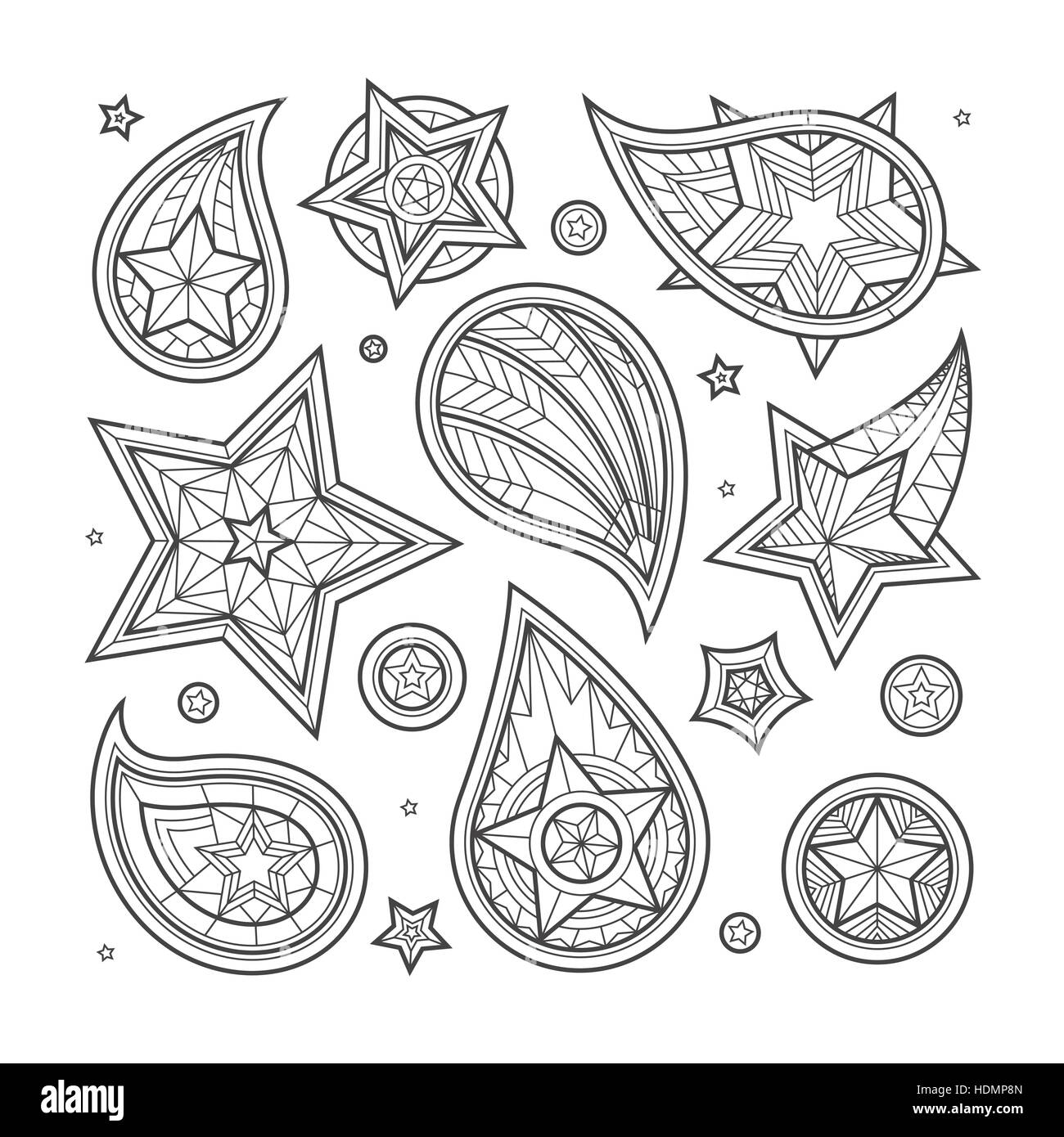 Hand drawn line star paisley swirls and decorative elements on white ...