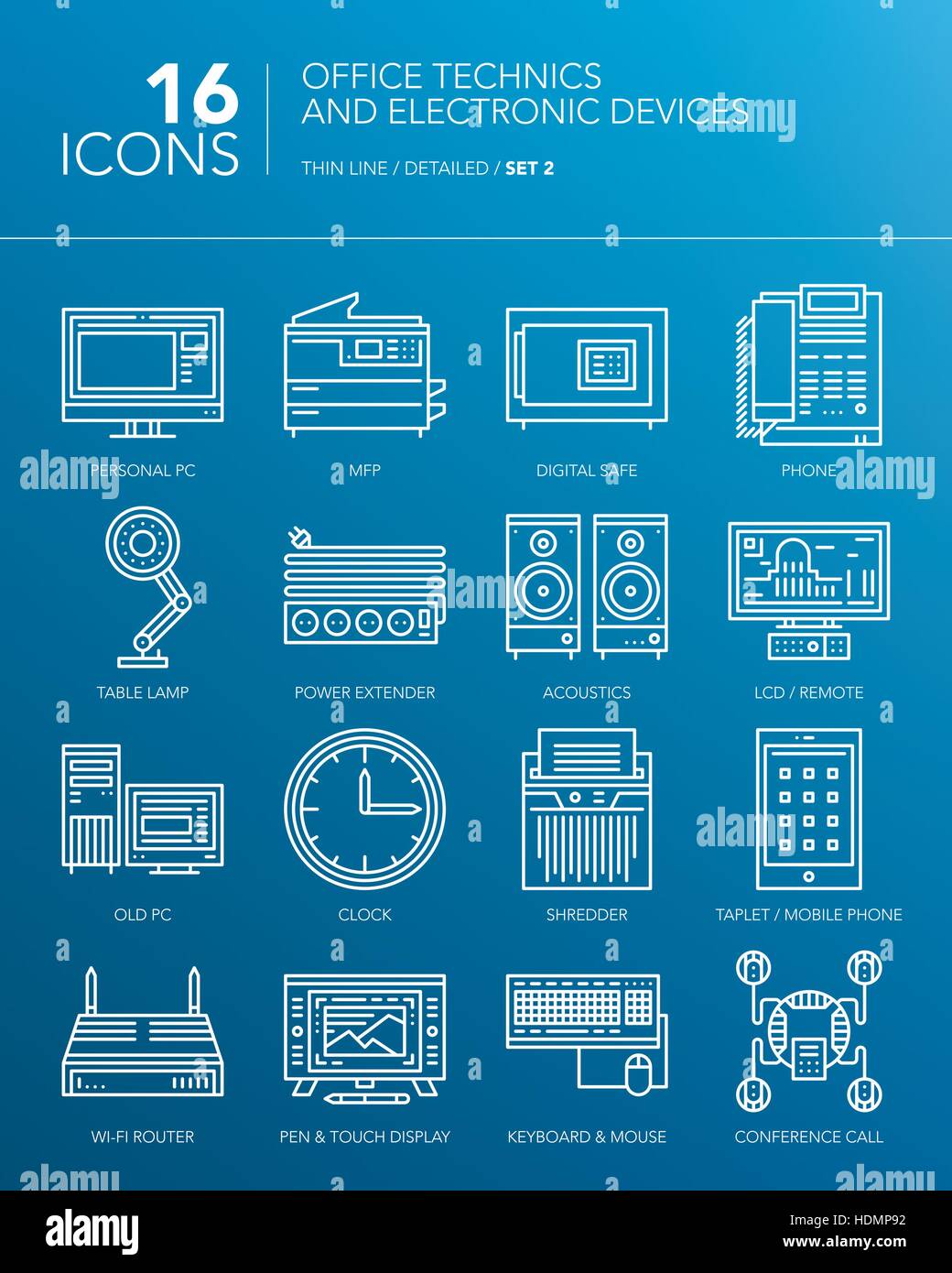 Detailed thin line icons for business. Office technics and electronic ...
