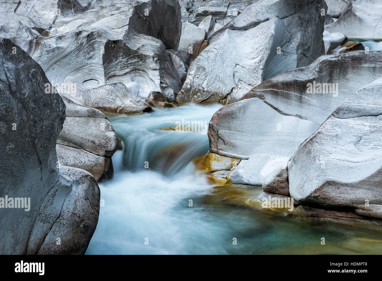 The Verzasca River flows through rocky landscape, Valle Verzasca ...