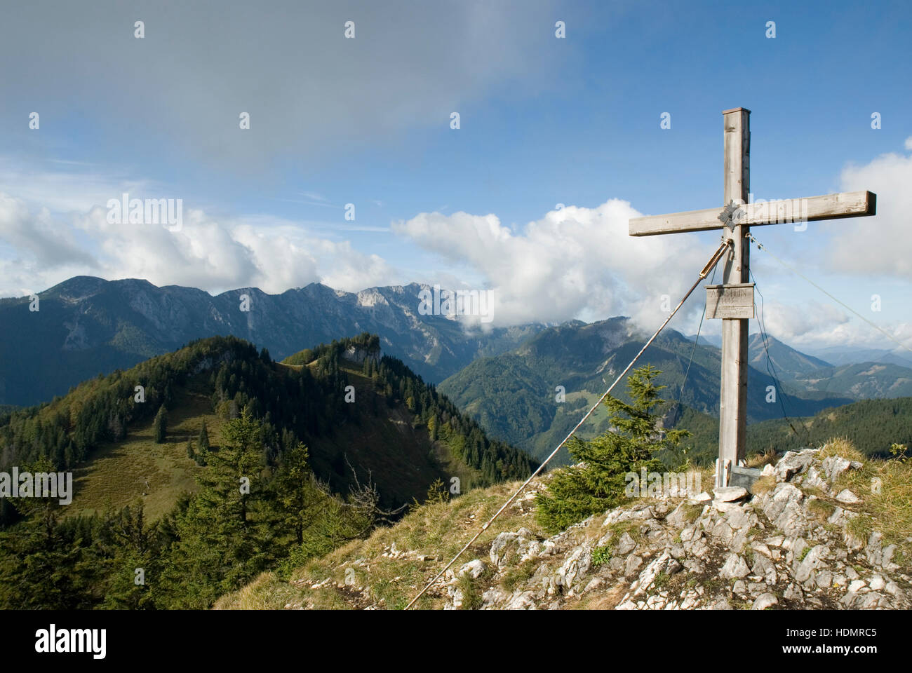 Summit cross of the Almstein Mountain in the Kalkalpen National Park ...
