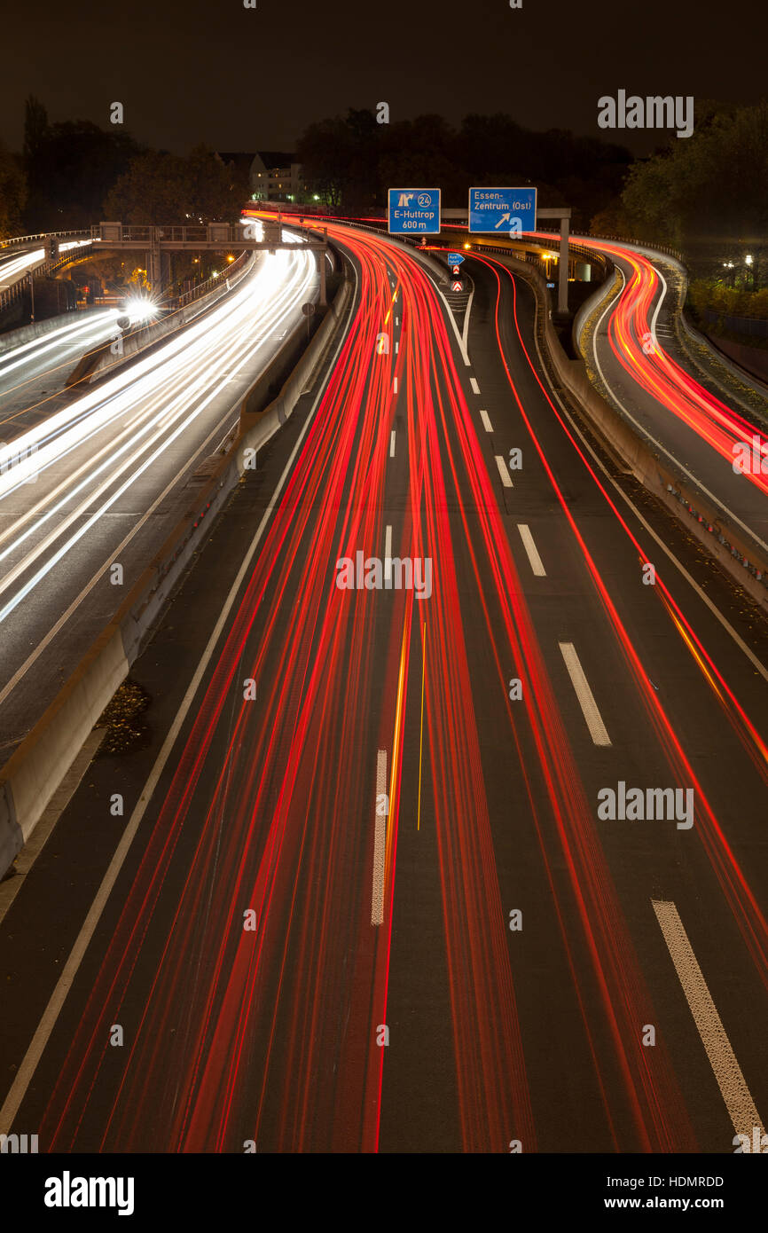 Light trails on motorway at night, Autobahn A 40, Essen, Ruhr district ...