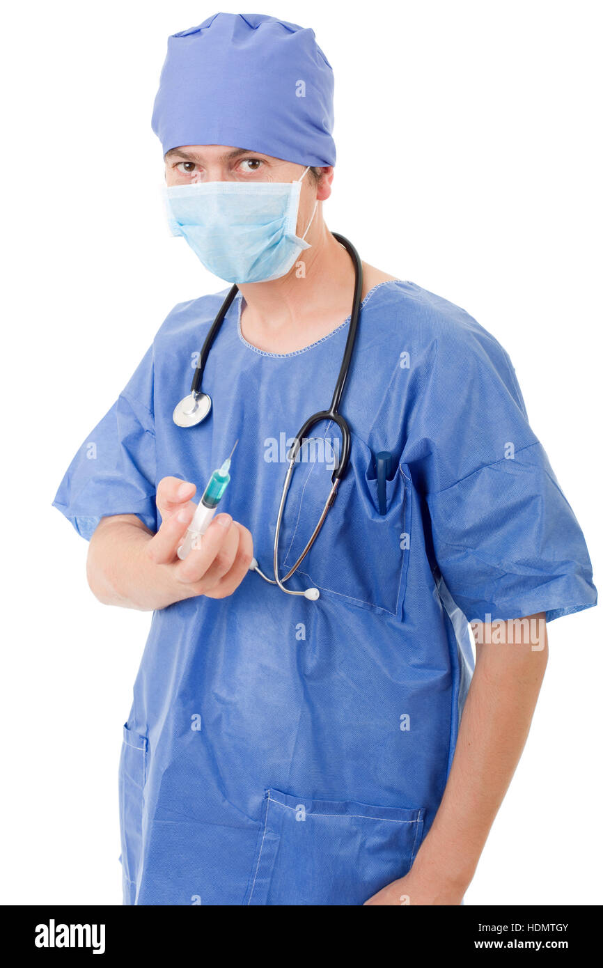 silly doctor with a syringe isolated over white background Stock Photo ...