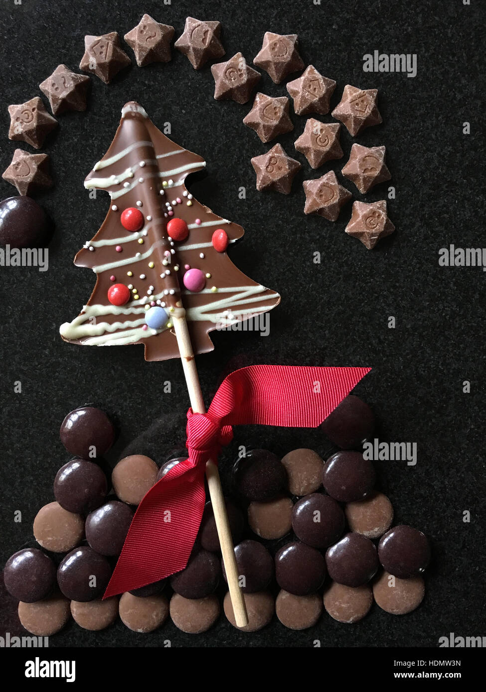 Chocolate Christmas tree, chocolate drops and chocolate stars Stock ...