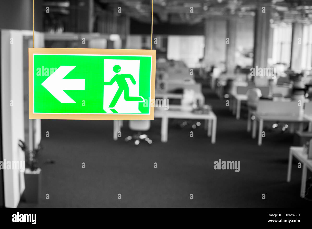 Emergency exit sign in modern offices inside an industrial plant Stock ...