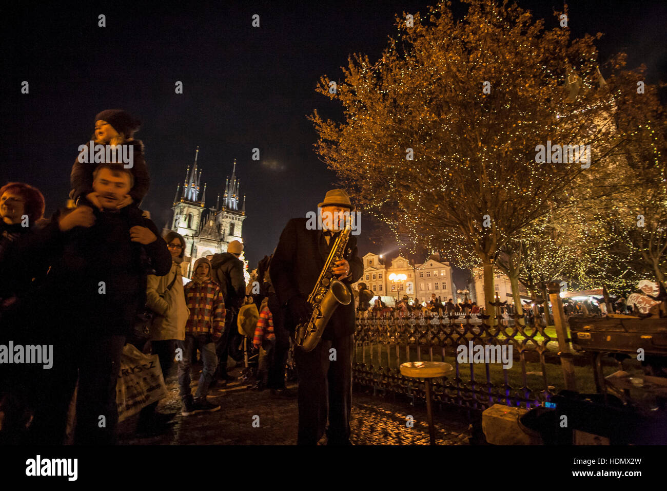 Street musician performing at Old town square in Prague, Czech republic ...