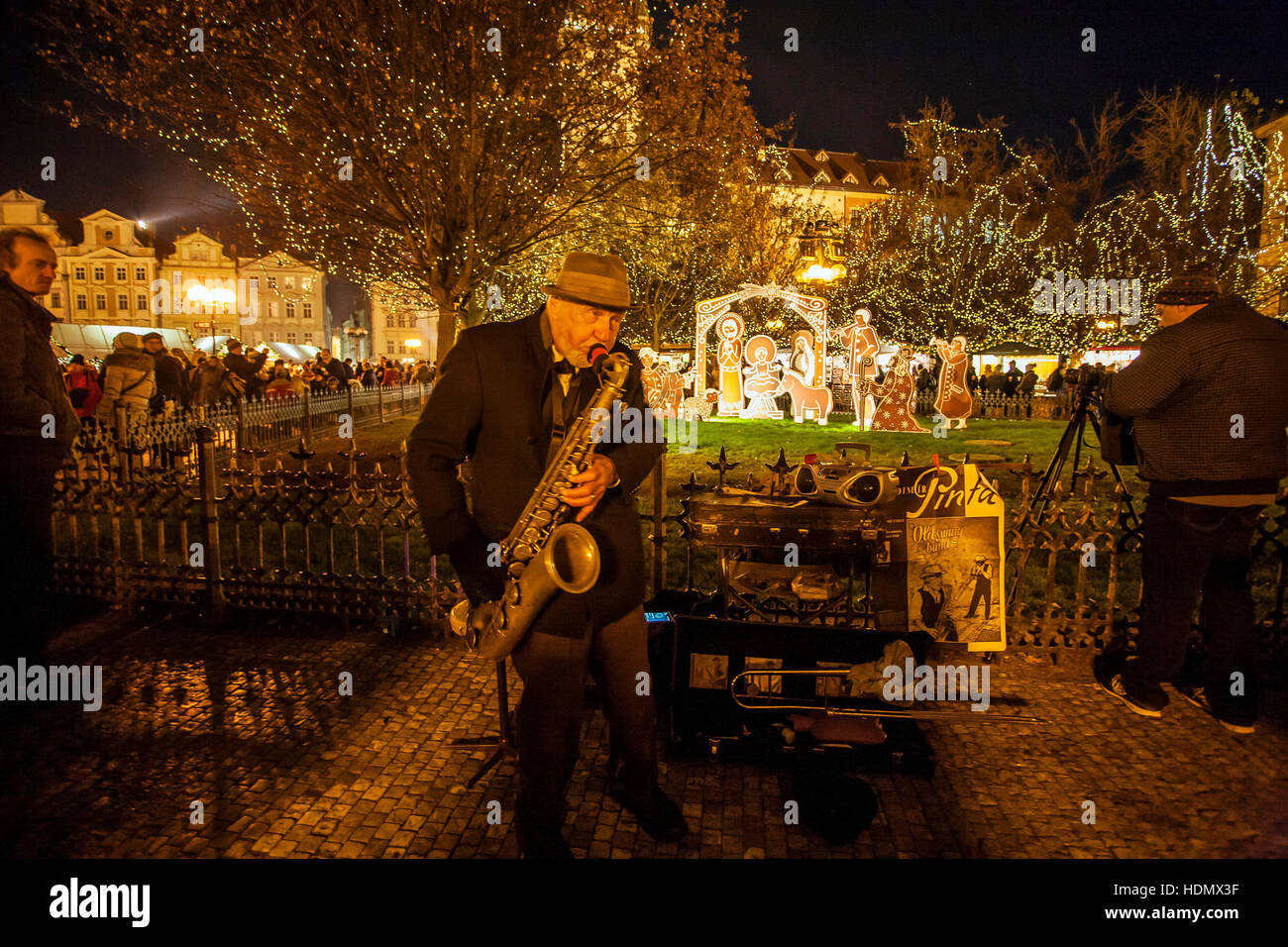 Street musician performing at Old town square in Prague, Czech republic ...