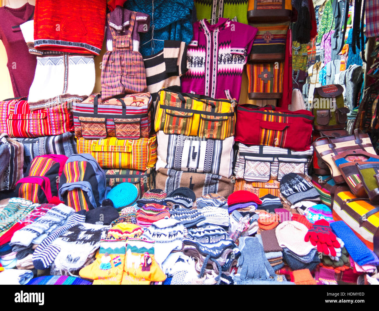 Display of traditional souvenirs at the market in La Paz city, Bolivia ...
