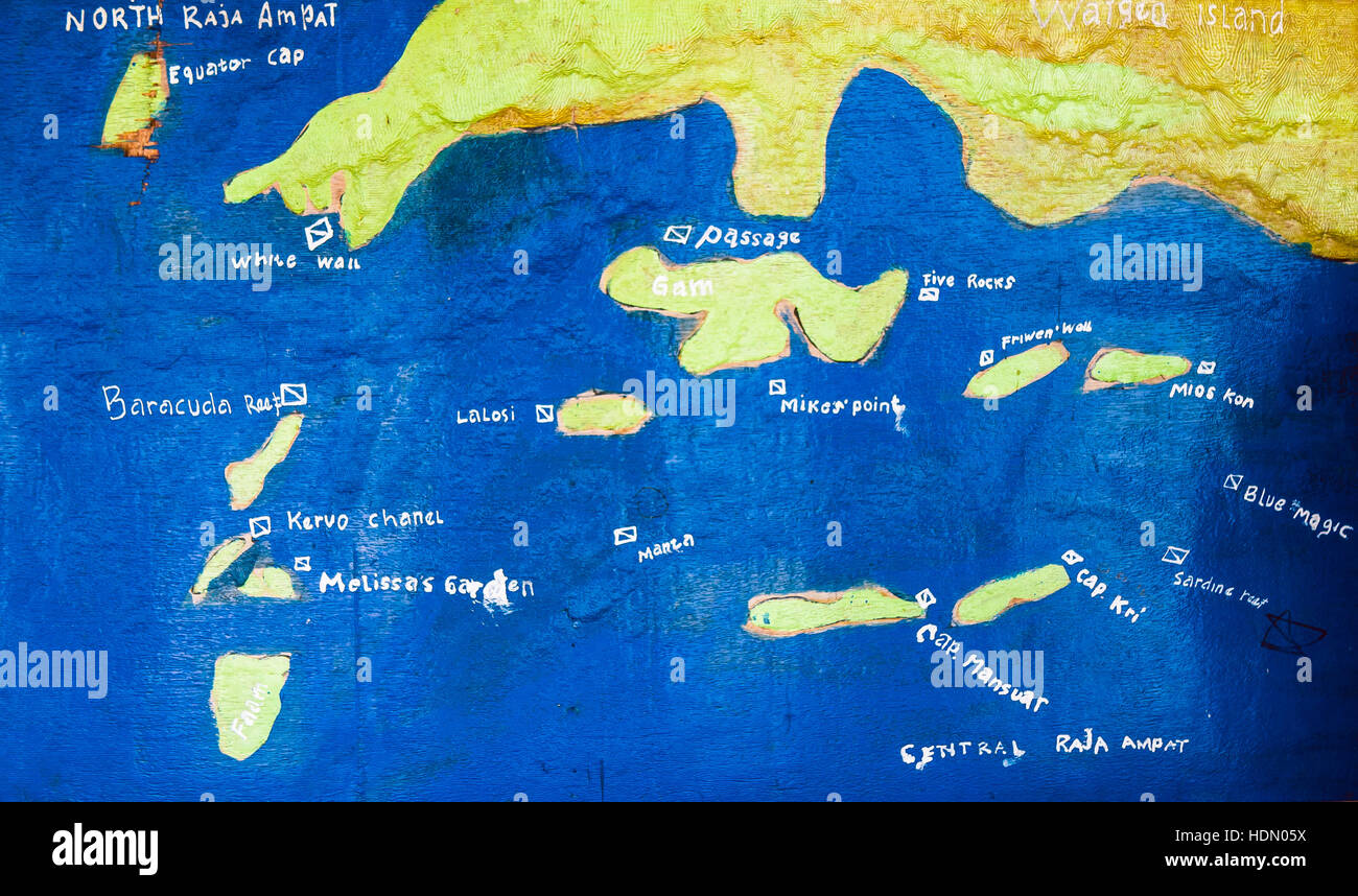 Hand painted Map of Raja Ampat Diving Spots on an Board, Indonesia ...