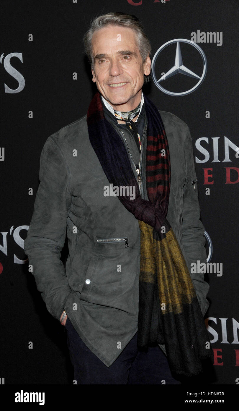 New York, USA. 13th December, 2016. Jeremy Irons attends the 'Assassin ...