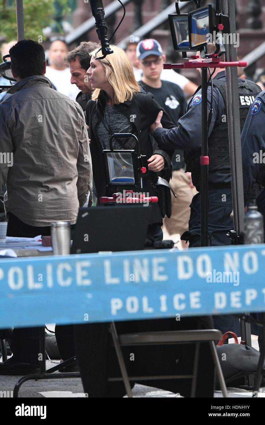Claire Danes films a scene with militarized police on the set of ...