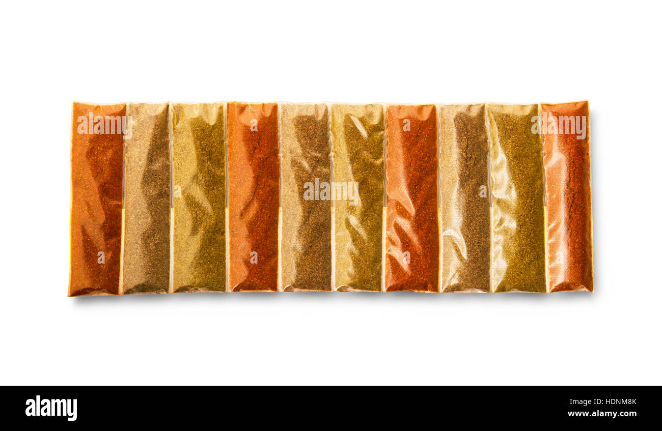 Collection of different spices in packaging isolated on white ...
