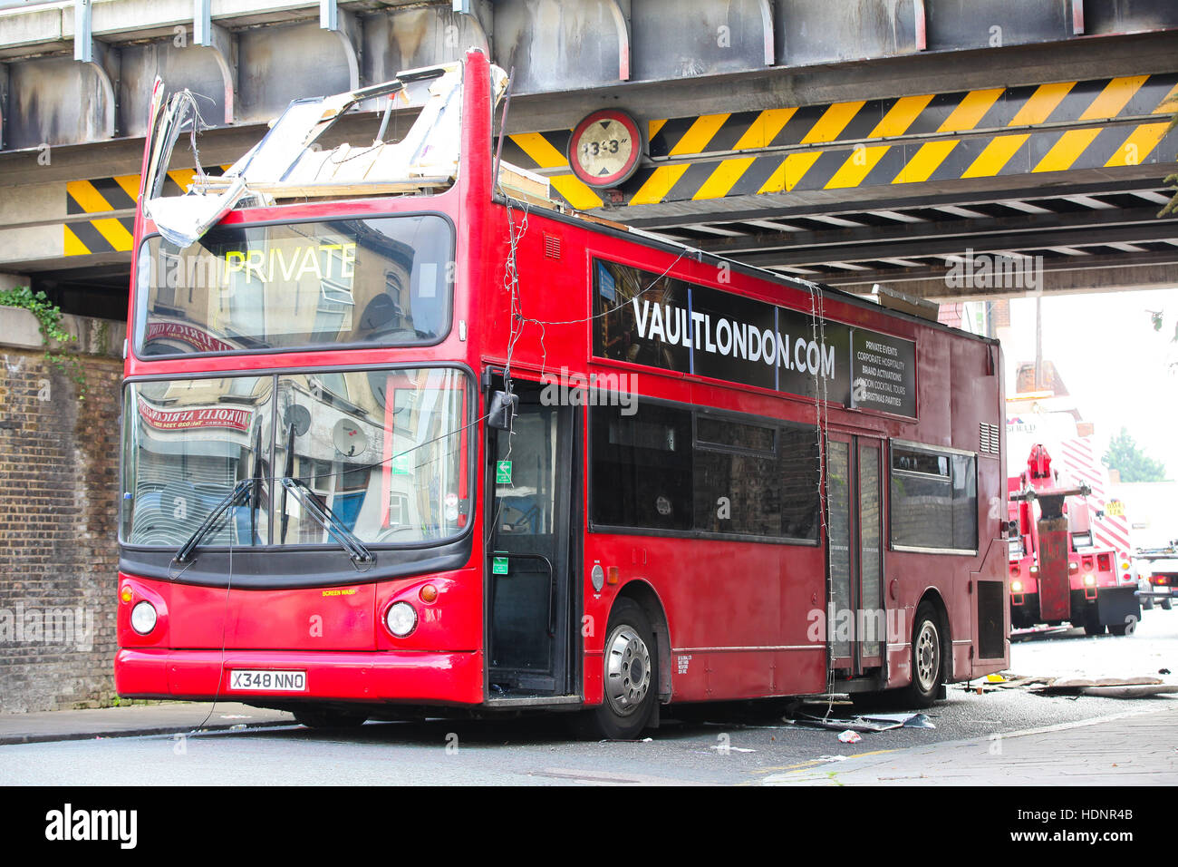 Five people injured london bus its roof ripped off hi-res stock ...