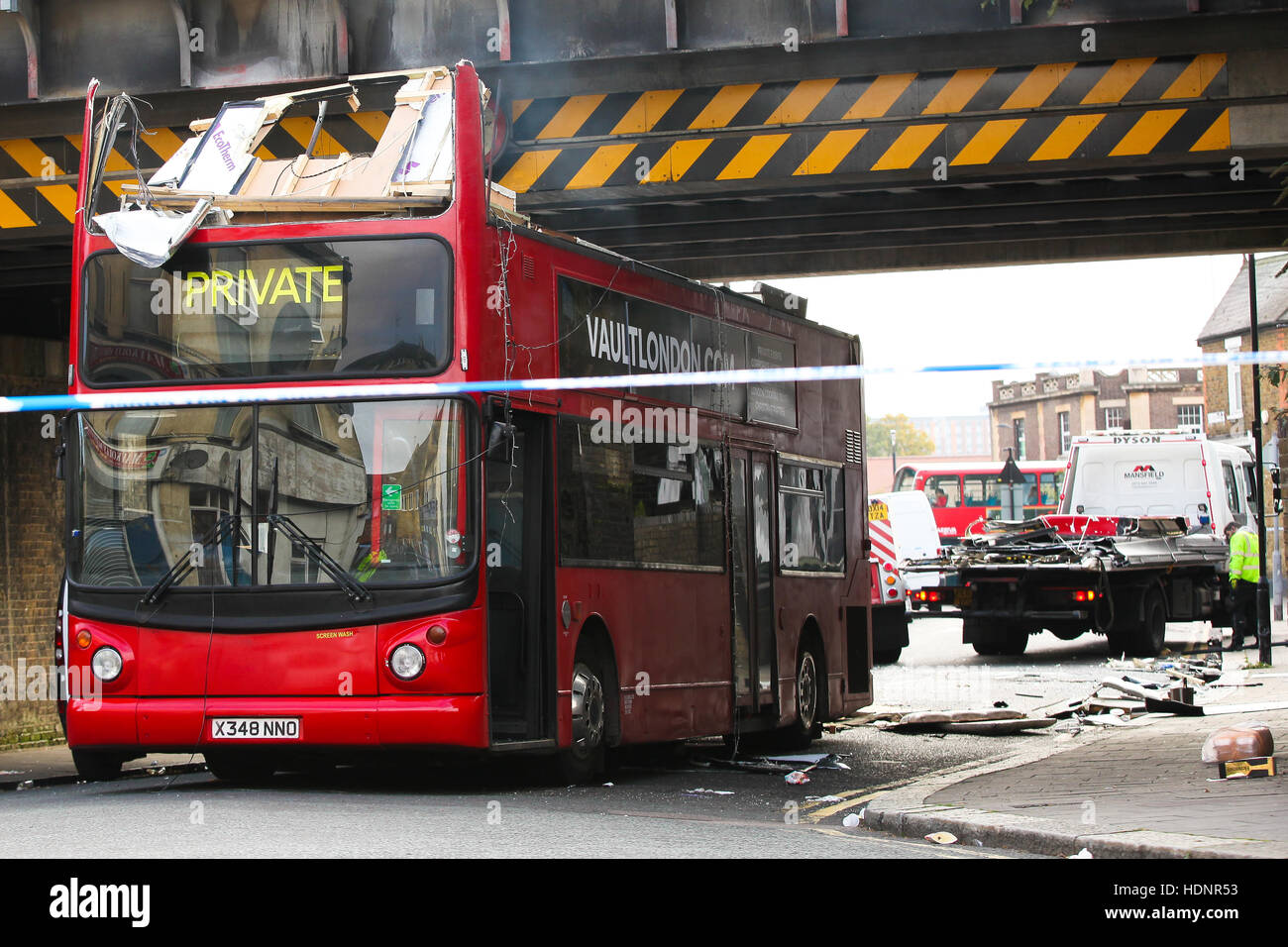 Five people injured london bus its roof ripped off hi-res stock ...