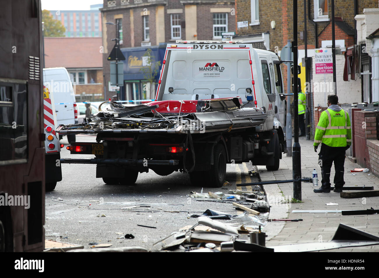 Five people injured london bus its roof ripped off hi-res stock ...