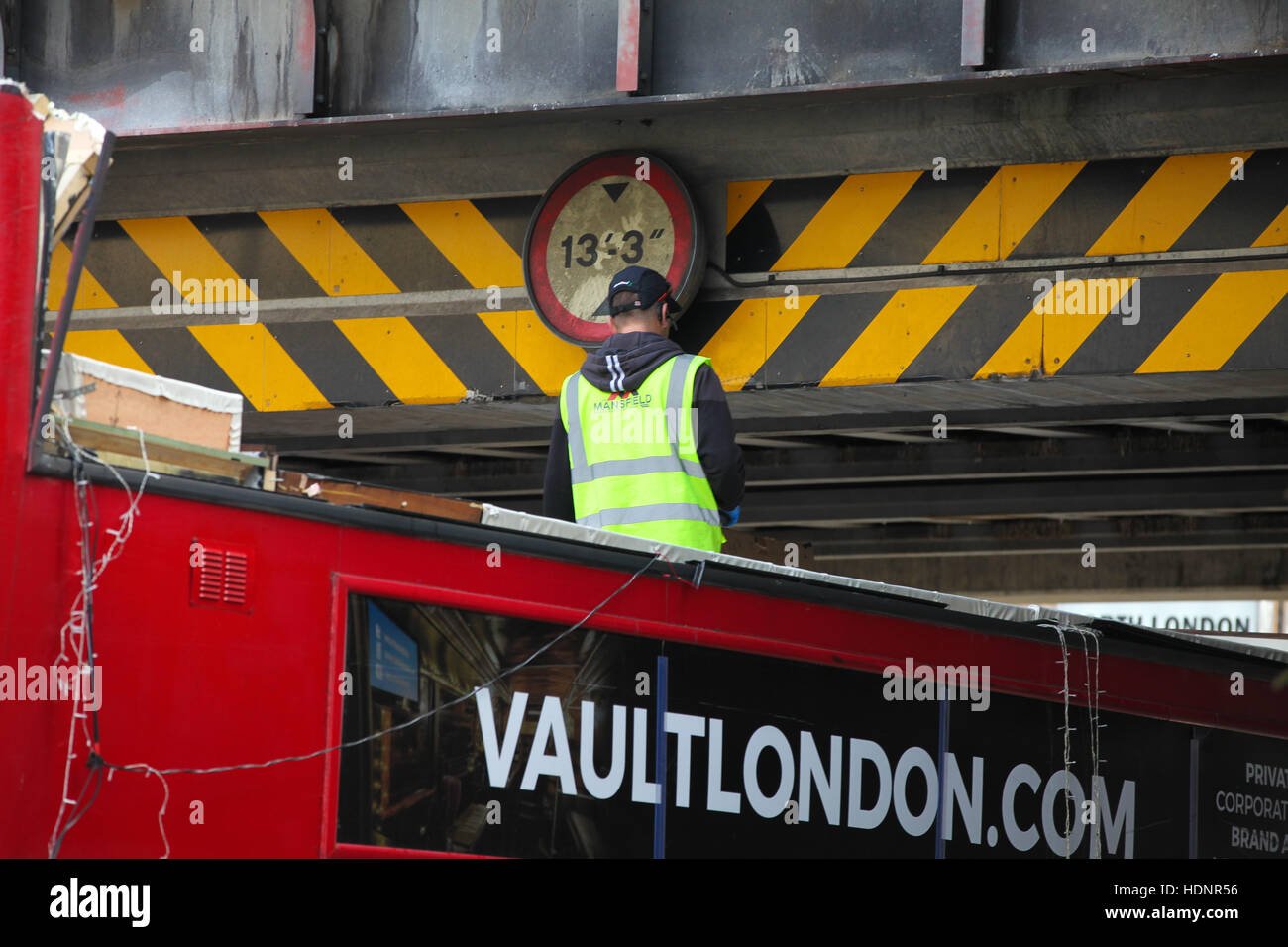 Five people injured london bus its roof ripped off hi-res stock ...