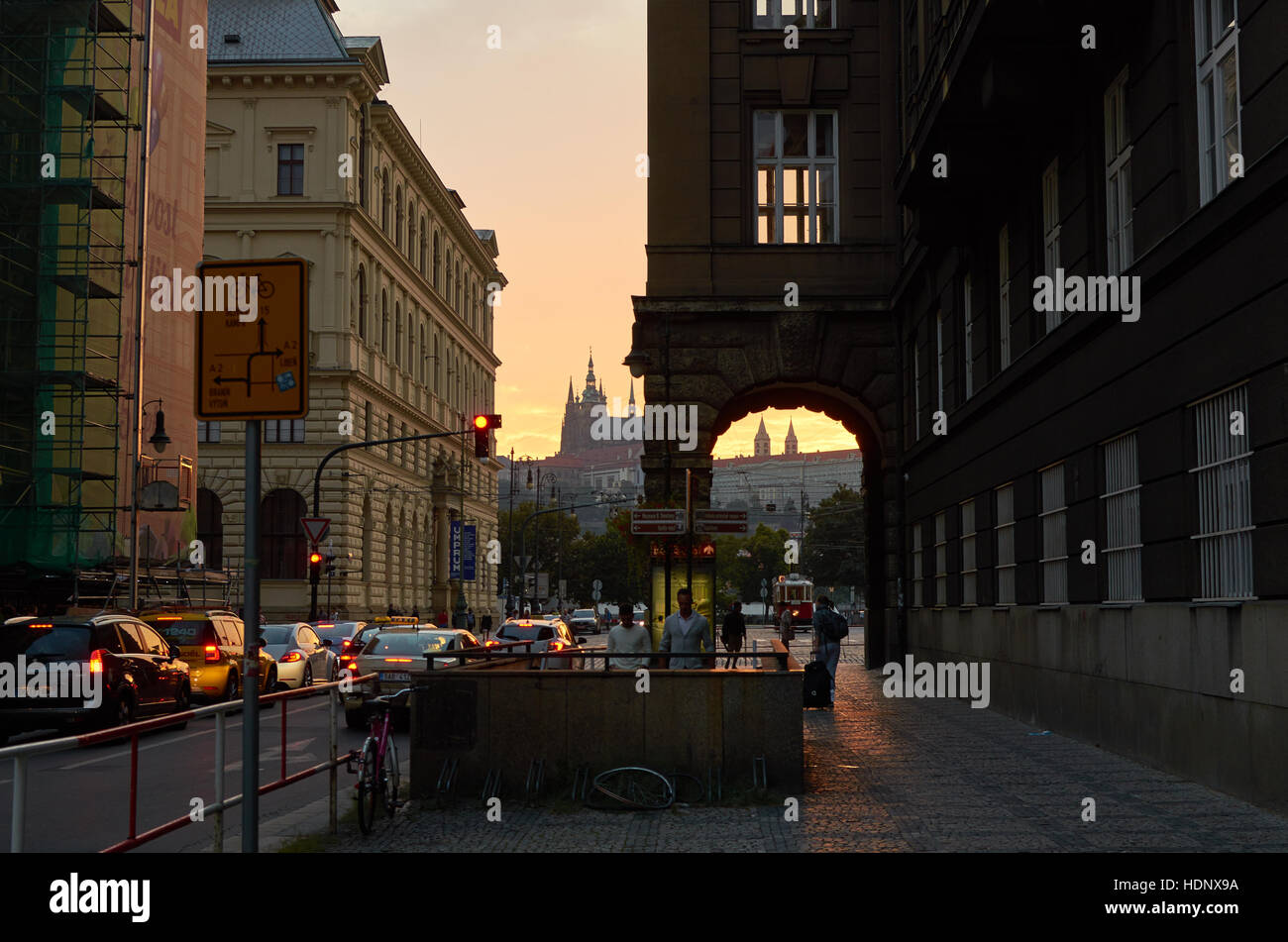 A sunlit street in Prague Castle at sunset - Czech republic Stock Photo ...