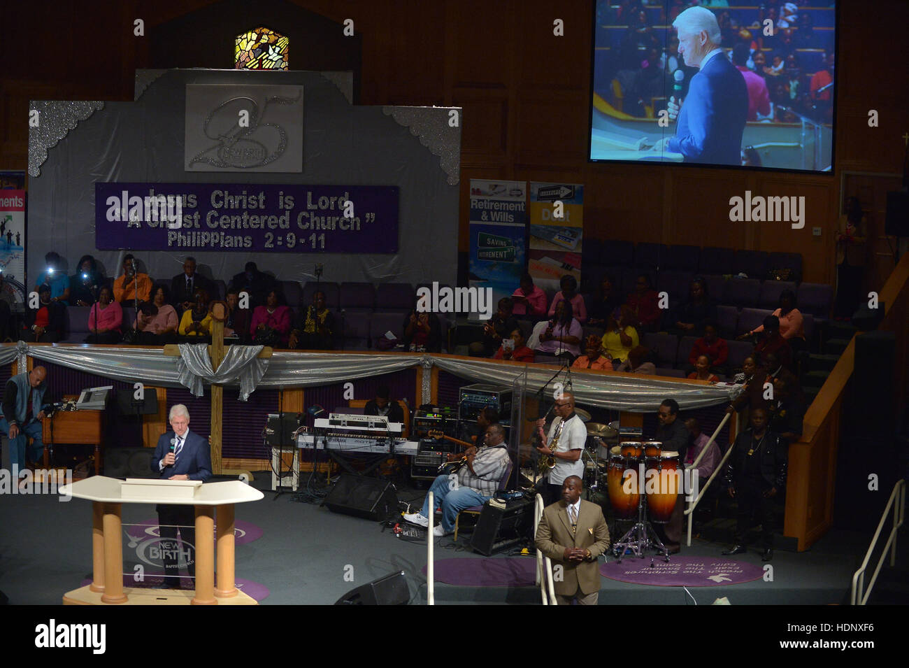 Bill Clinton, former U.S. President, speaking at the New Birth Baptist ...