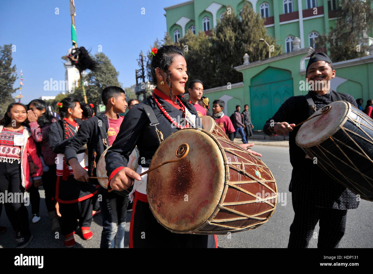 Kathmandu, Nepal. 13th Dec, 2016. People from Newar community play ...