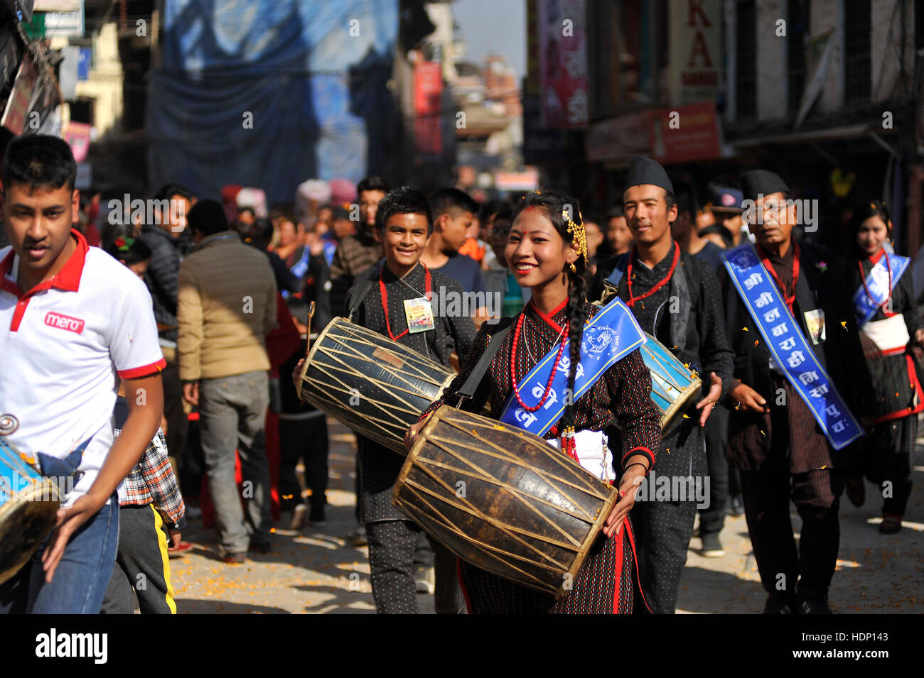 Kathmandu, Nepal. 13th Dec, 2016. People from Newar community play ...
