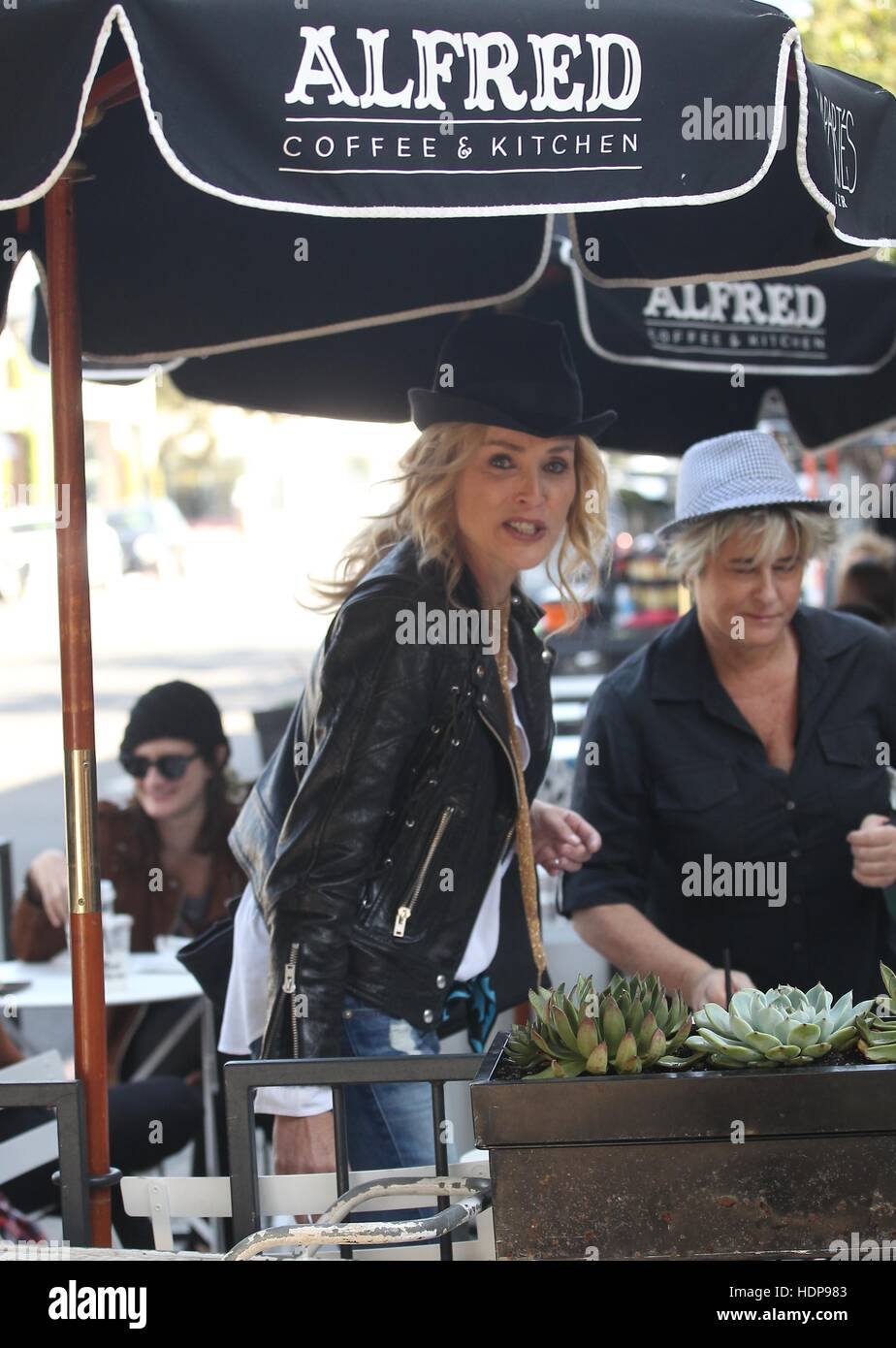 Sharon Stone takes break from a movie set to have a coffee at Alfred's ...