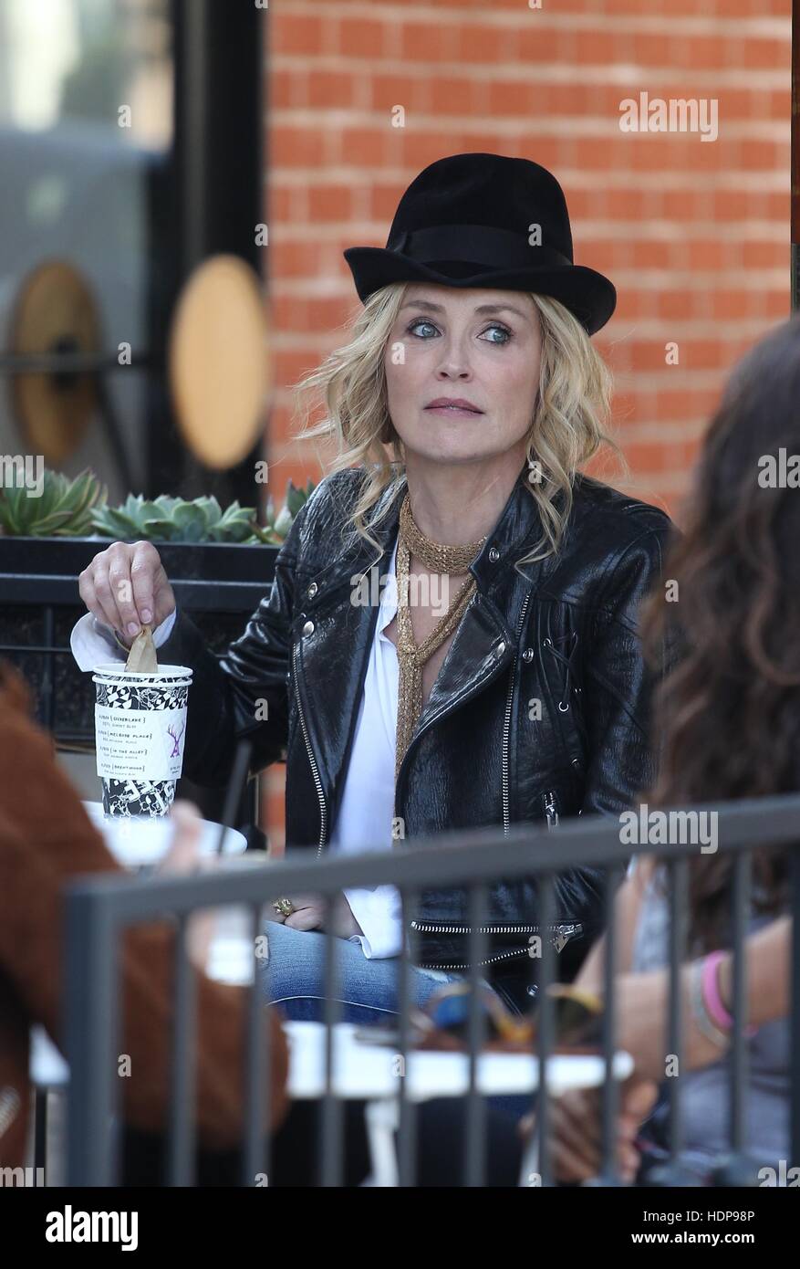 Sharon Stone takes break from a movie set to have a coffee at Alfred's ...