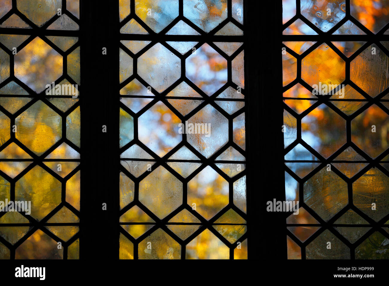 Autumn leaves seen through a church window Stock Photo - Alamy