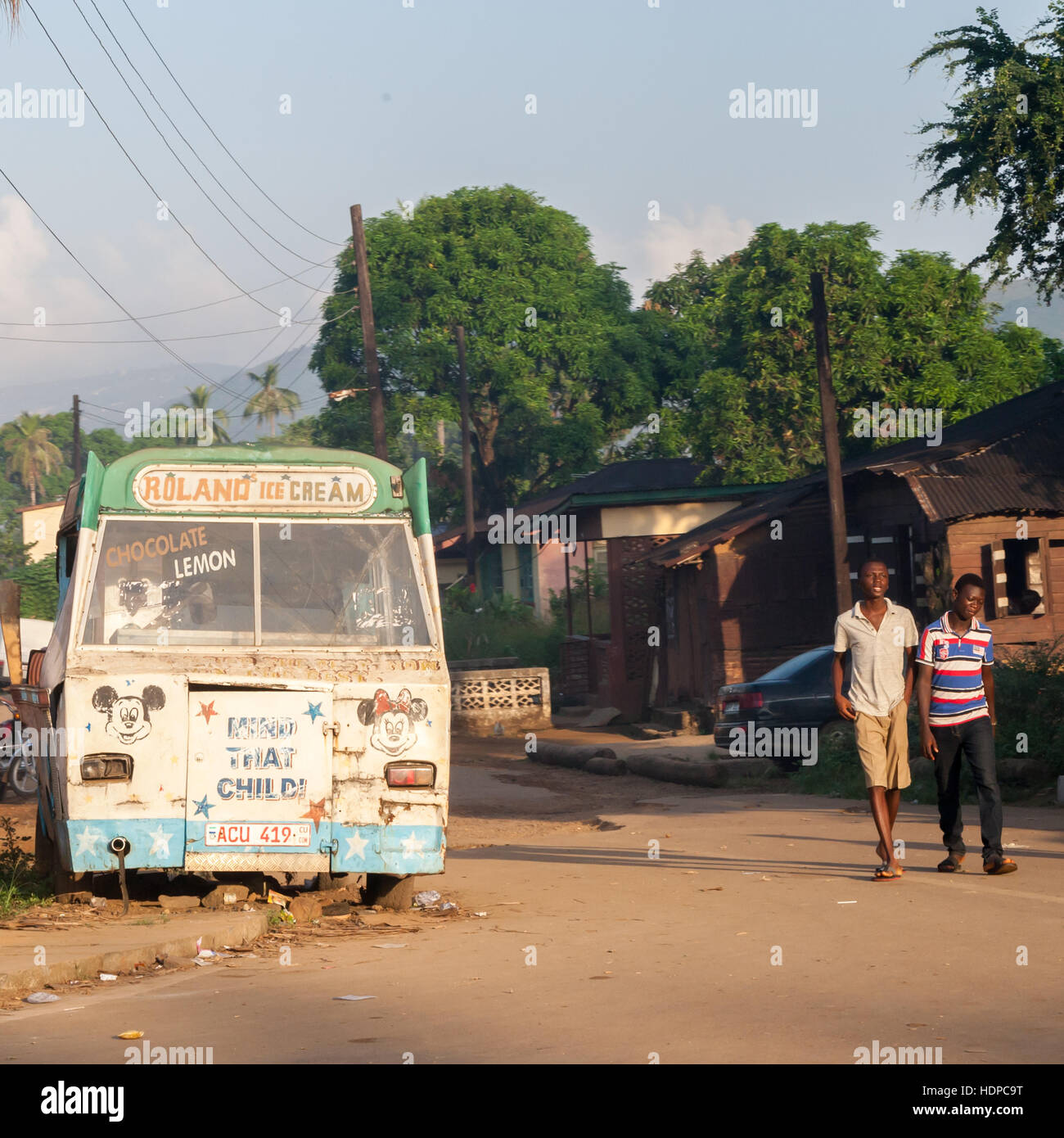 Defunct bus in Freetown, Sierra Leone, operating as shop for icecream ...