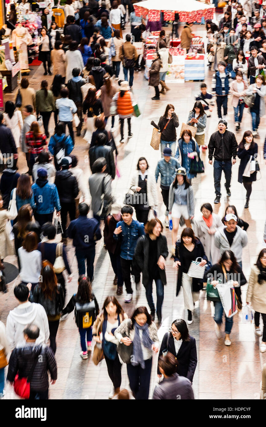 Japan, Kobe, Sannomiya. Overhead view of crowded shopping arcade ...