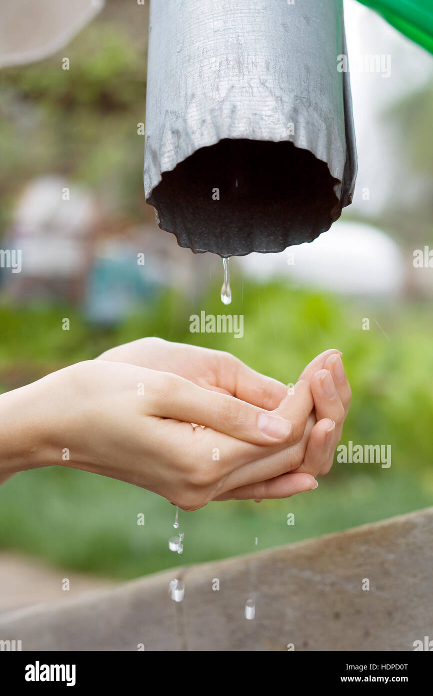 Hands catching clean falling water close up Stock Photo - Alamy