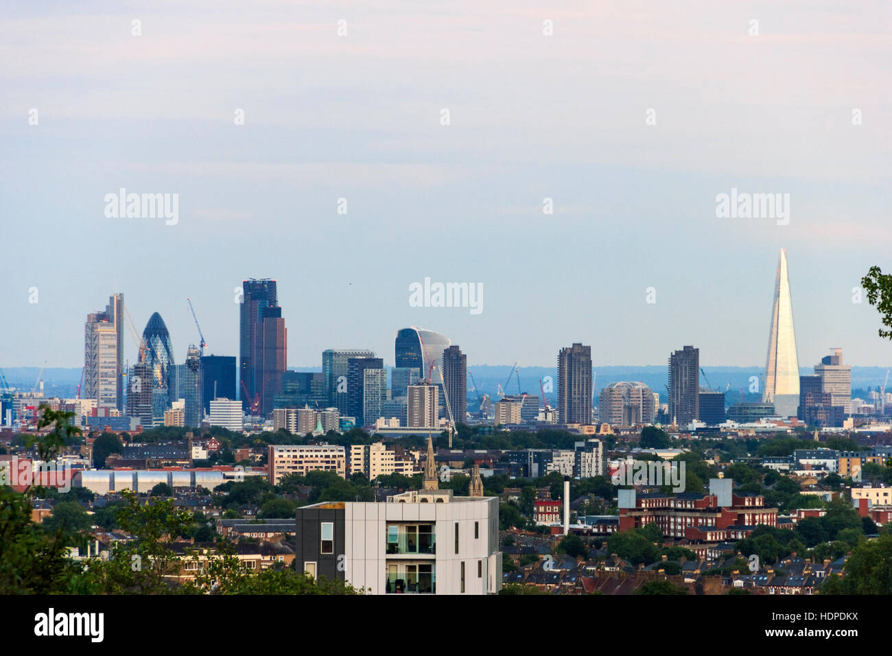 View of skyscrapers in the City of London from Hornsey Lane bridge ...