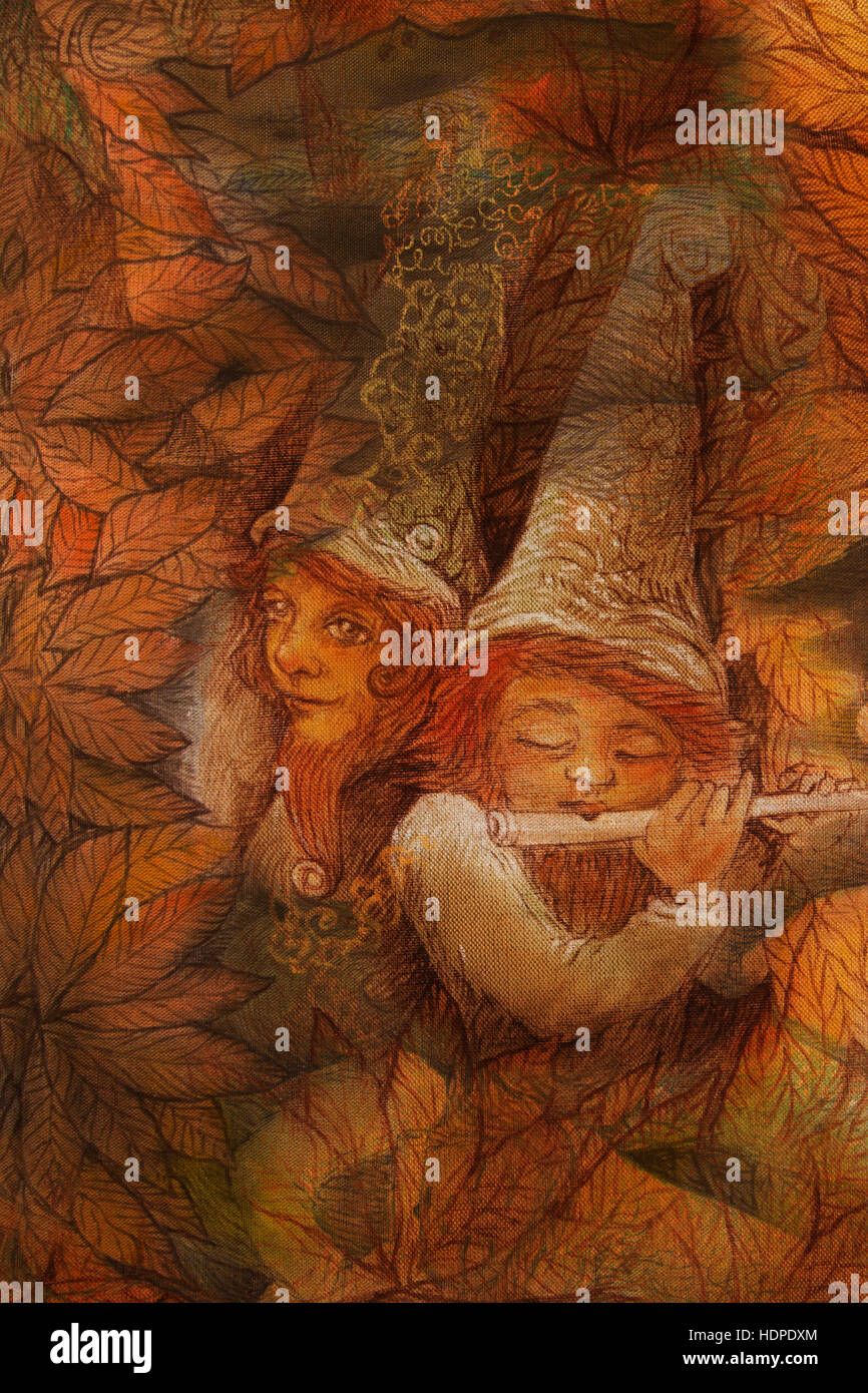 two gnome friends playing music together in autumnal woodland Stock ...