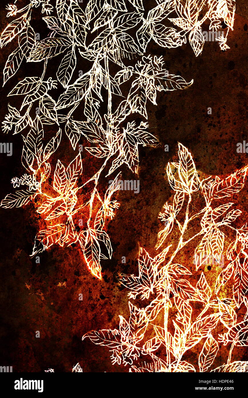bunch of leaves drawn in ornamental linear style on abstract background ...