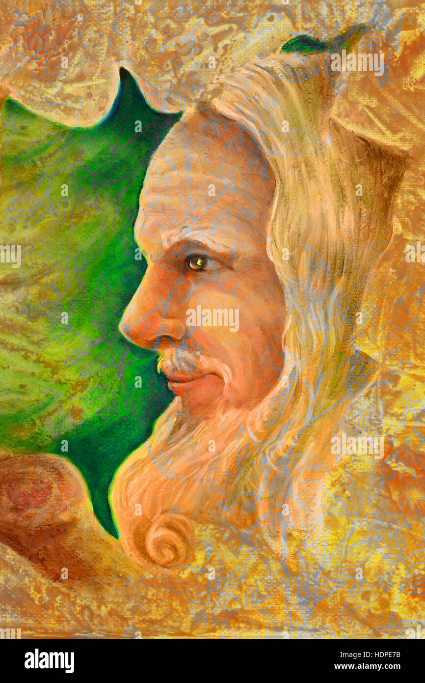old wise senior druid profile portrait, oil painting on canvas with ...