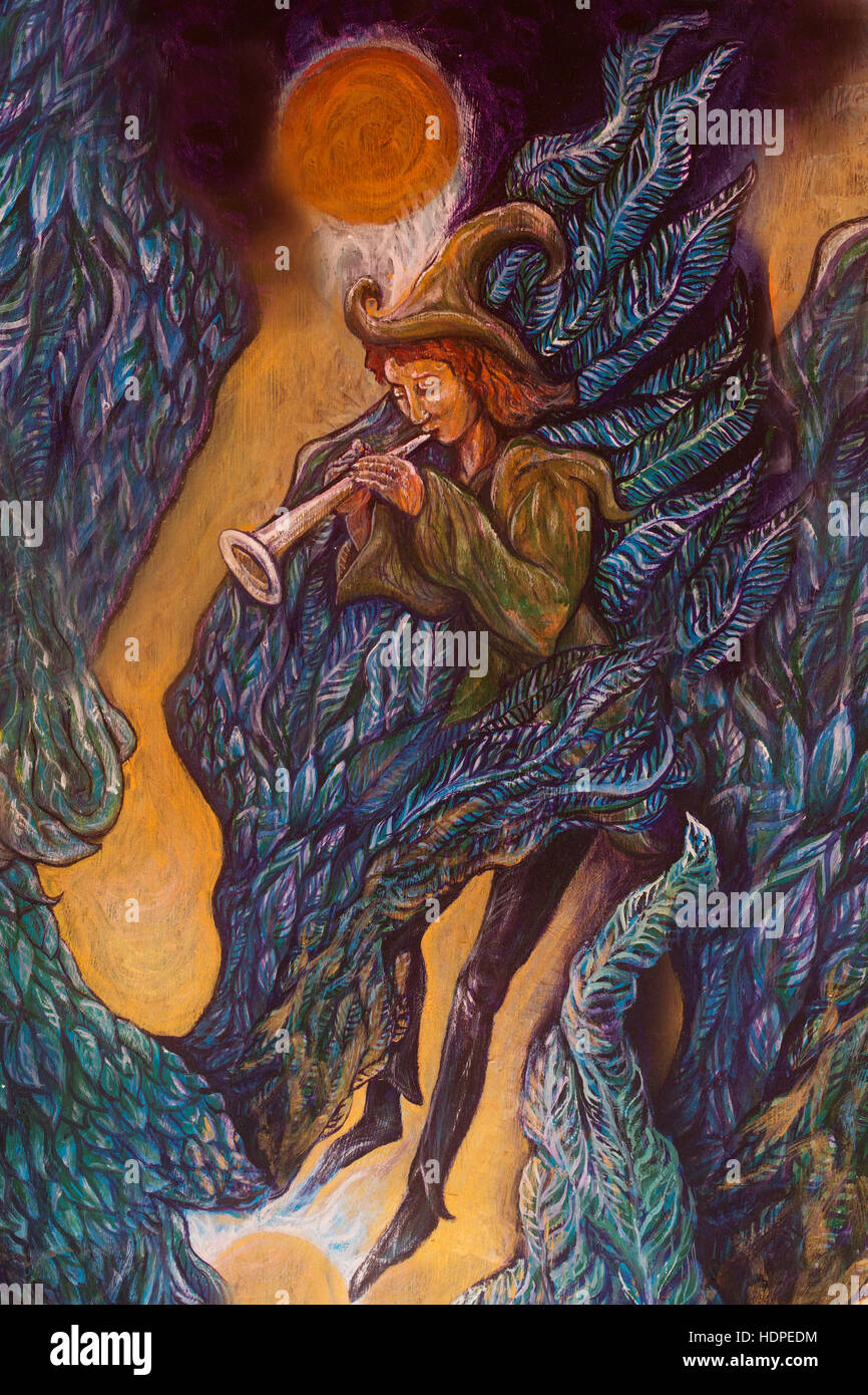 magical piper playing his tune in wing of giant bird, illustration ...