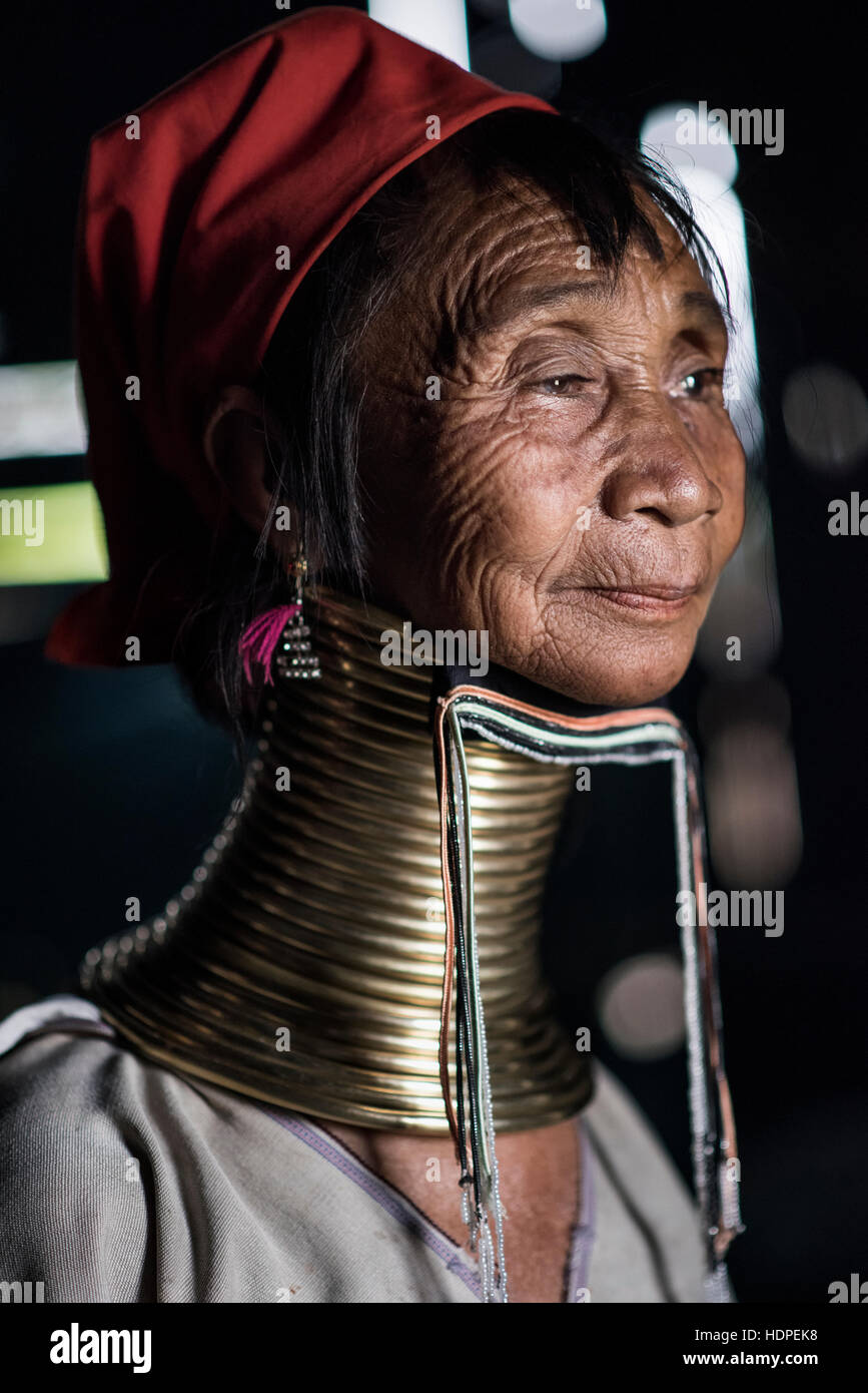 Portrait of a Kayan woman wearing the traditional brass neck rings, Loikaw, Myanmar Stock Photo ...