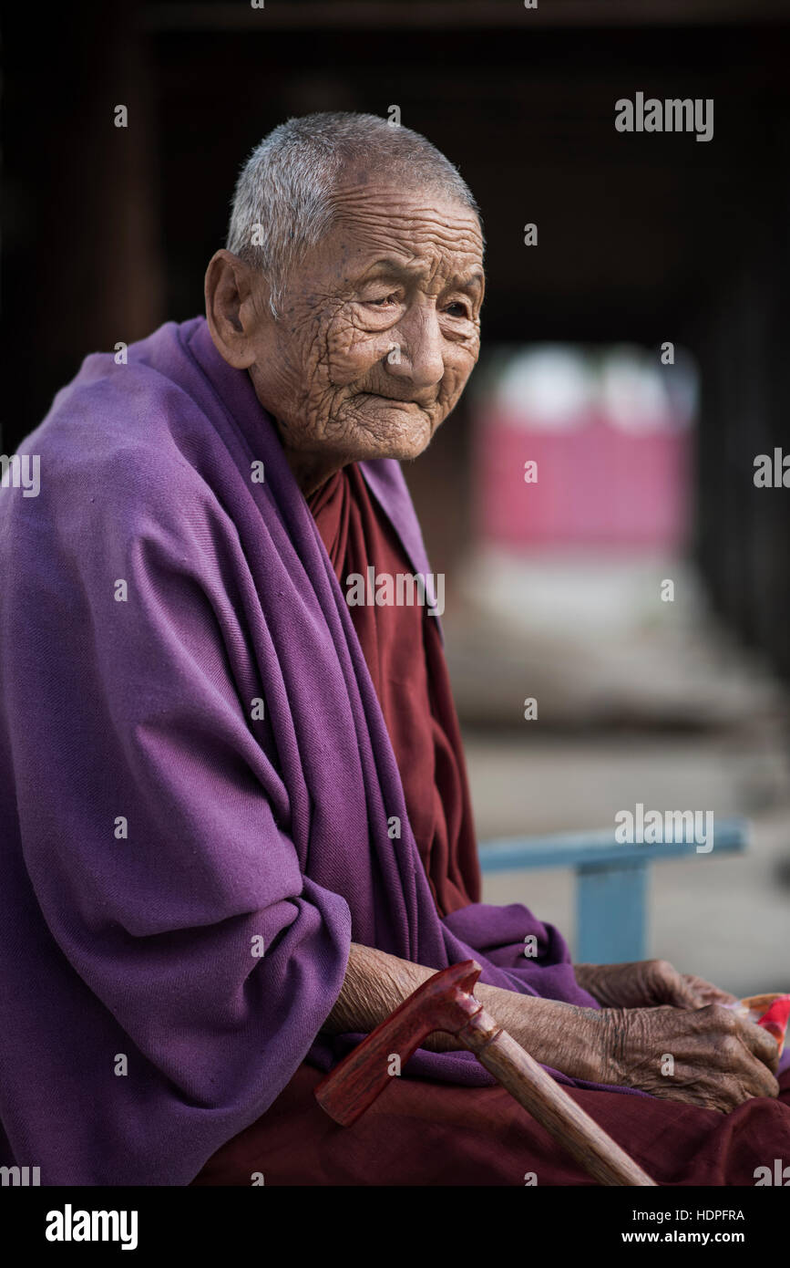 Portrait of an elder Buddhist monk, Shwe Yan Pyay Monastery, Nyaungshwe ...