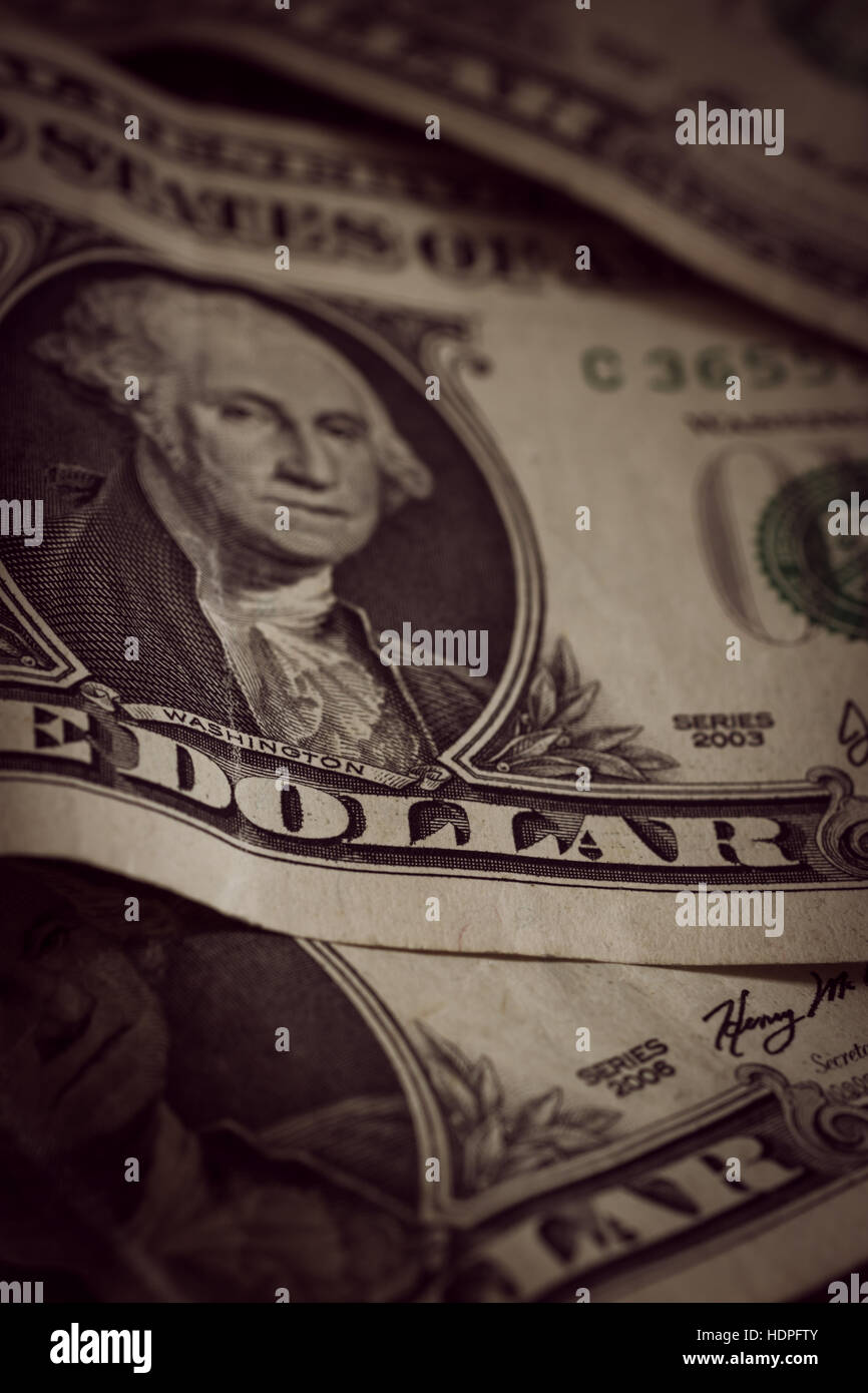 United States one dollar bank notes photographed with shallow focus and ...
