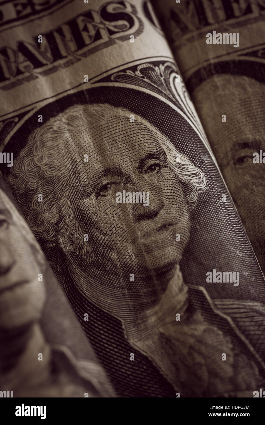 Old and crumpled United States one dollar bank notes photographed with ...