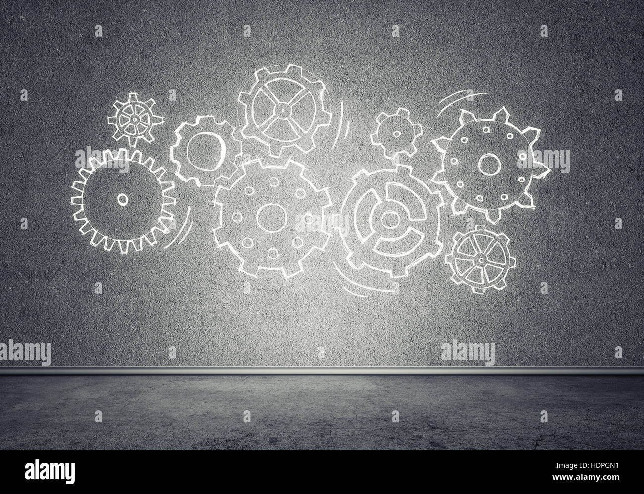 Gear hand drawn mechanism on gray wall Stock Photo - Alamy