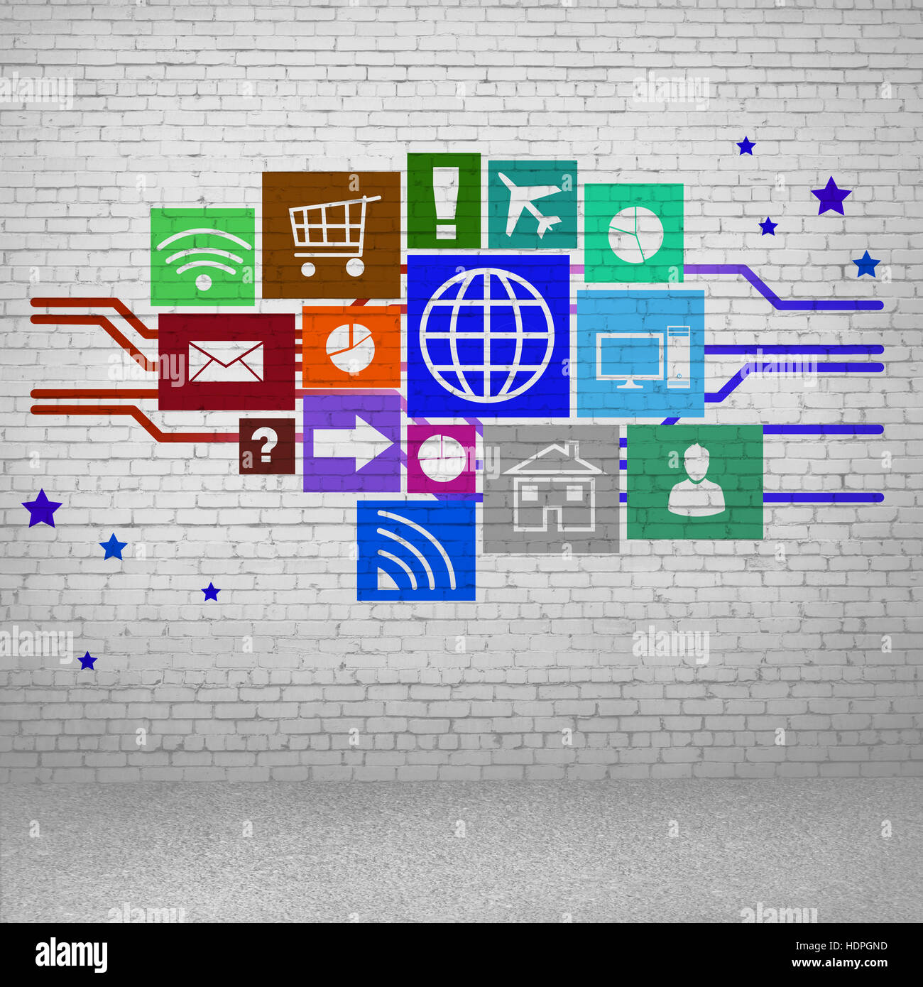 Group of colorful application icons on wall background Stock Photo - Alamy