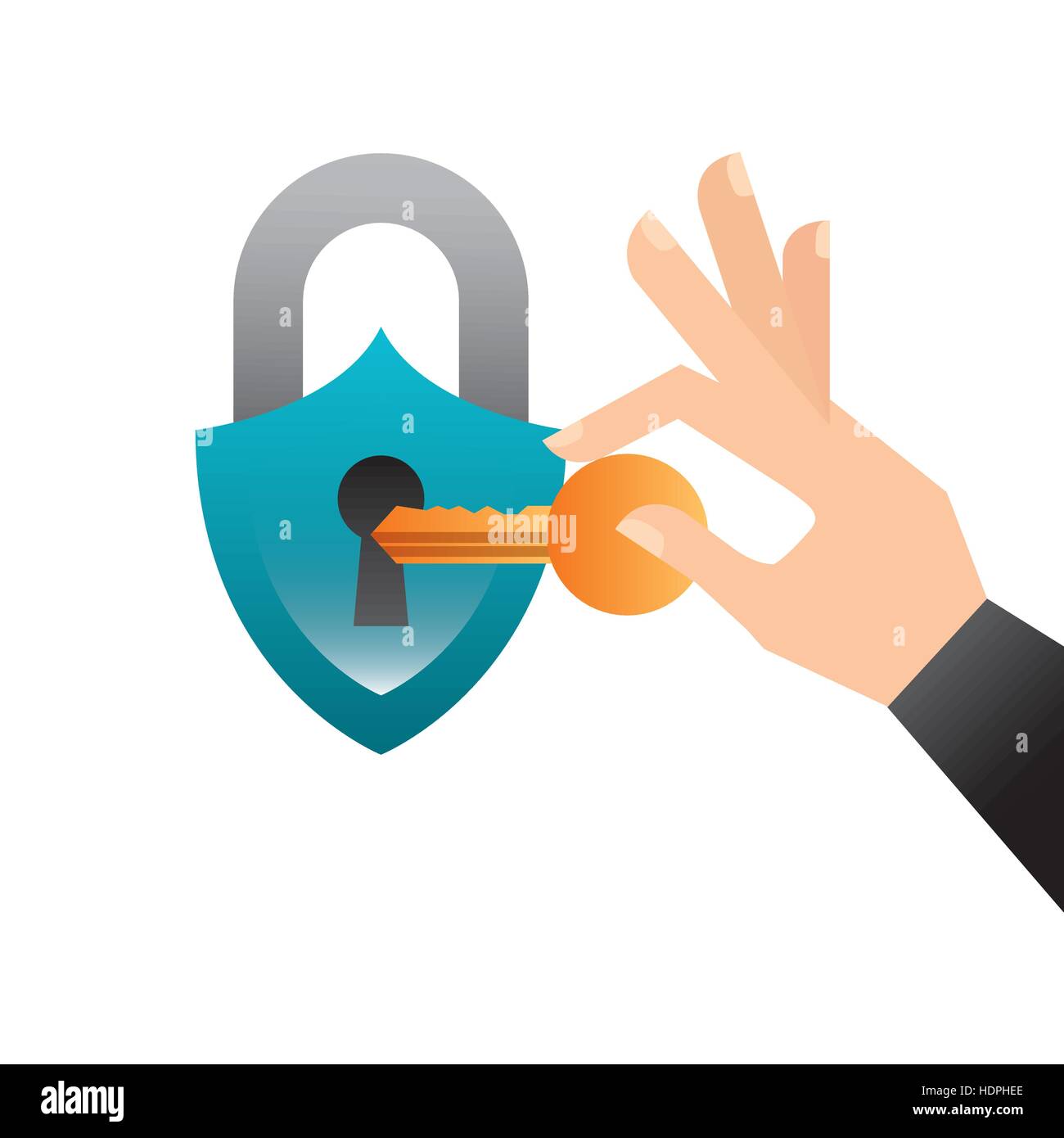 padlock and hand holding a key icon over white background. colorful ...