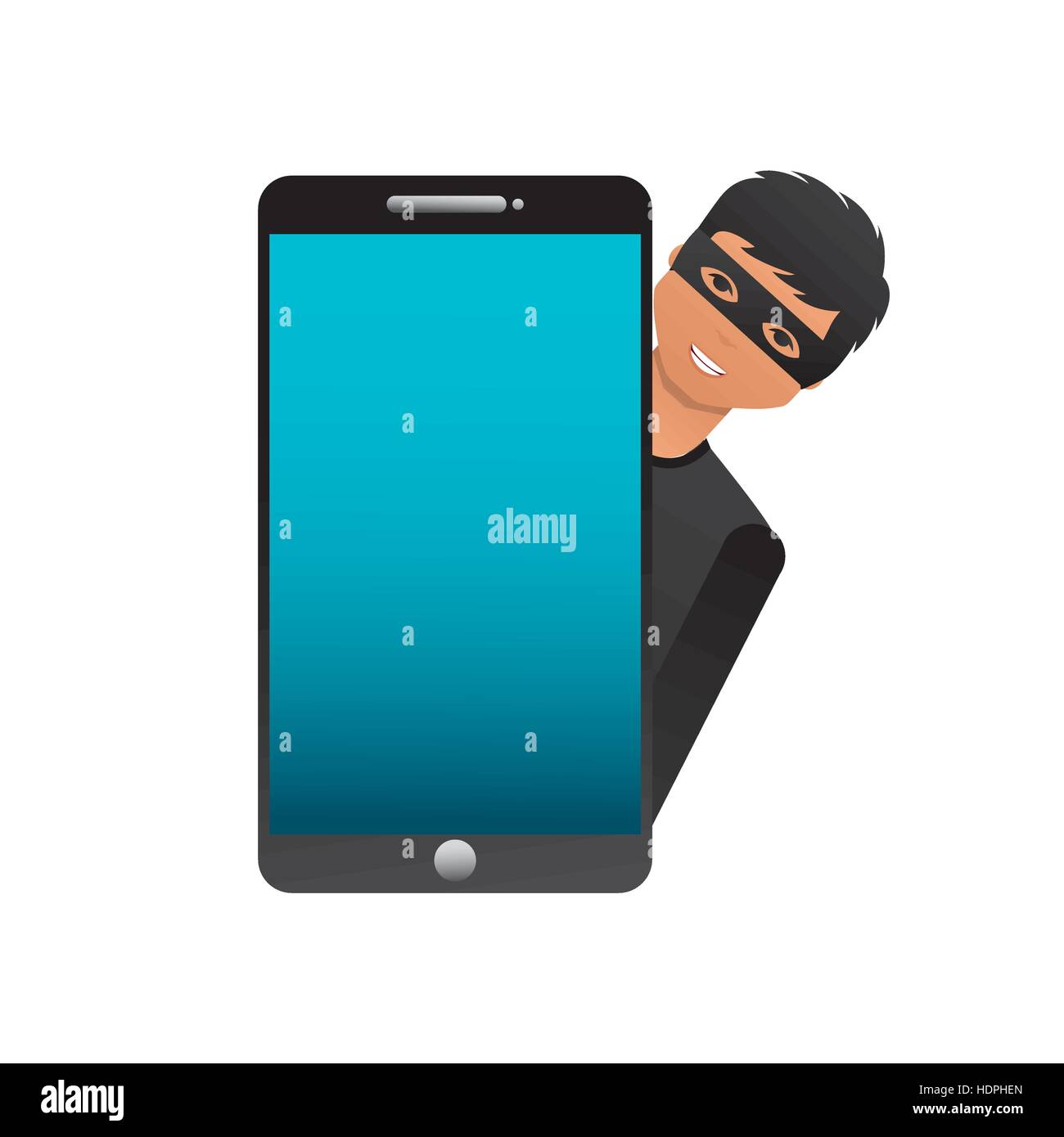 cartoon hacker man with smartphone device icon over white background ...