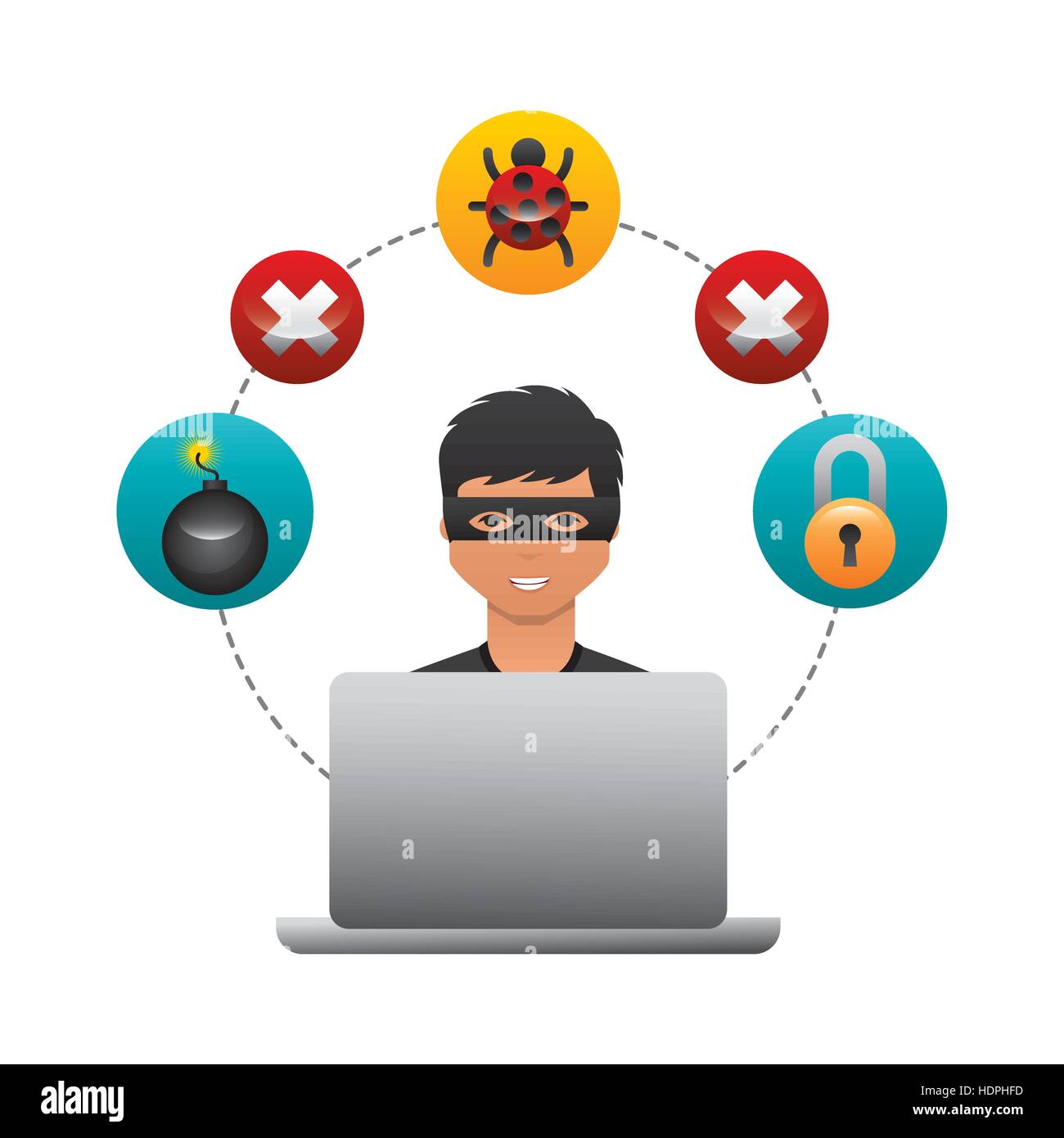 cartoon hacker man with cyber security icons around. colorful design ...