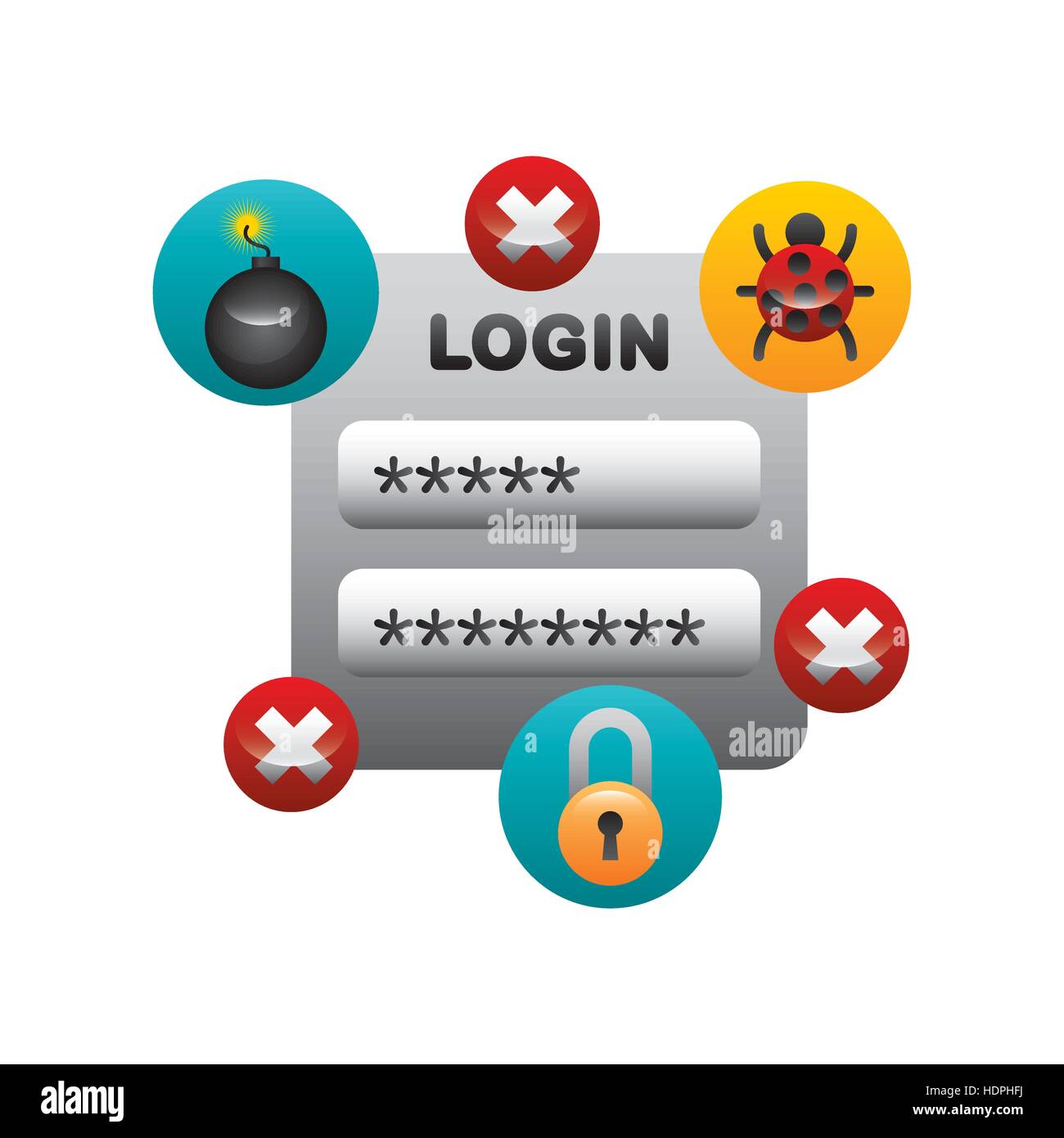 login and password with cyber security icons around. colorful design ...